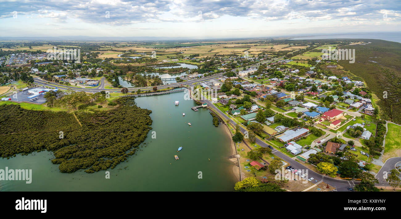 Aerial view of Tooradin - small coastal town in Victoria Australia ...
