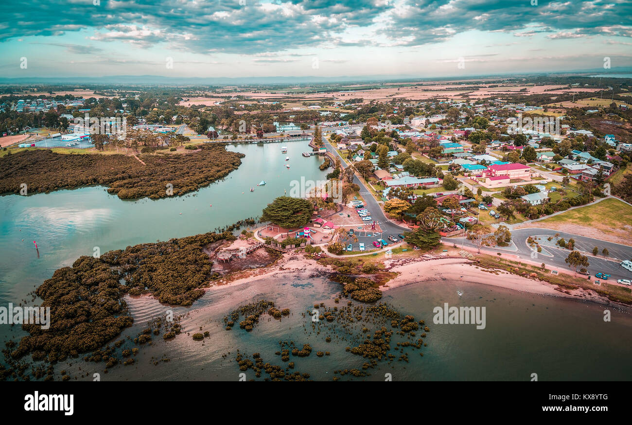 Aerial landscape of Tooradin - small coastal town in Victoria ...