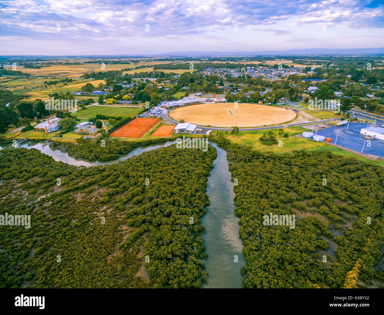Aerial view of coastal mangroves and sports oval in Tooradin, Victoria ...
