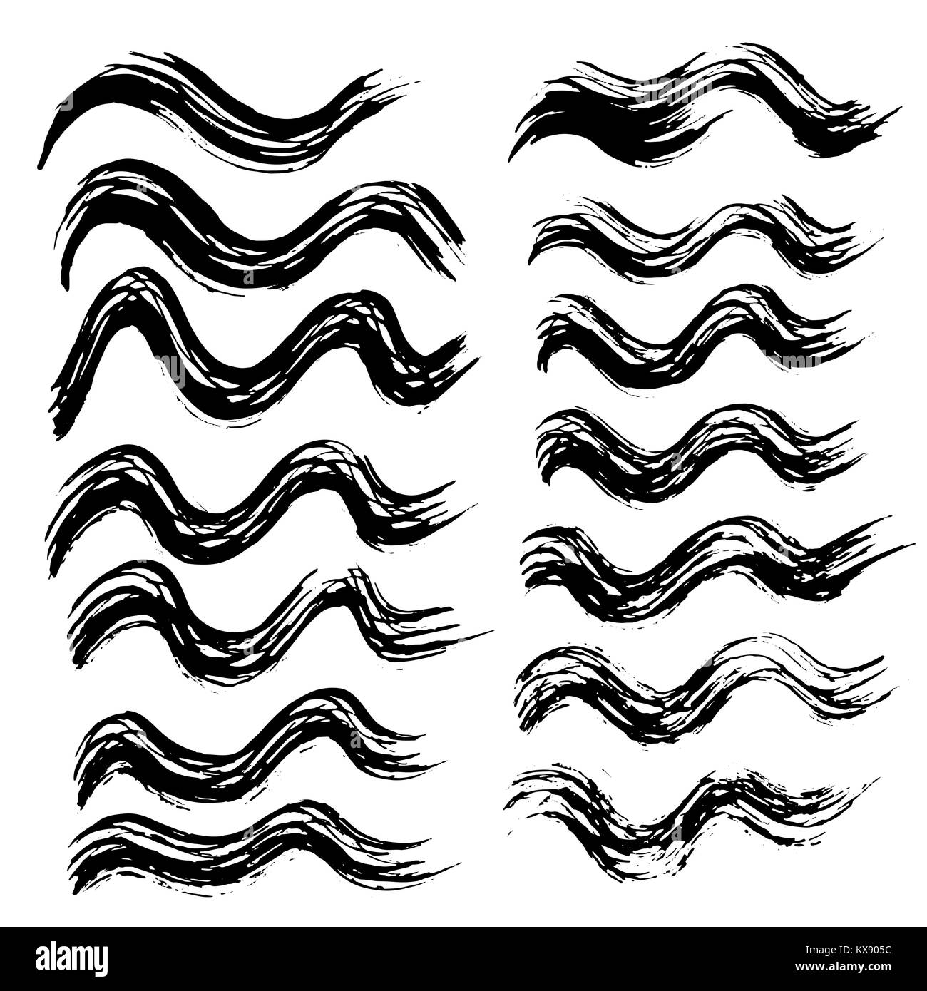 Grunge ink brush strokes. Freehand wave black brushes set. Handdrawn ...