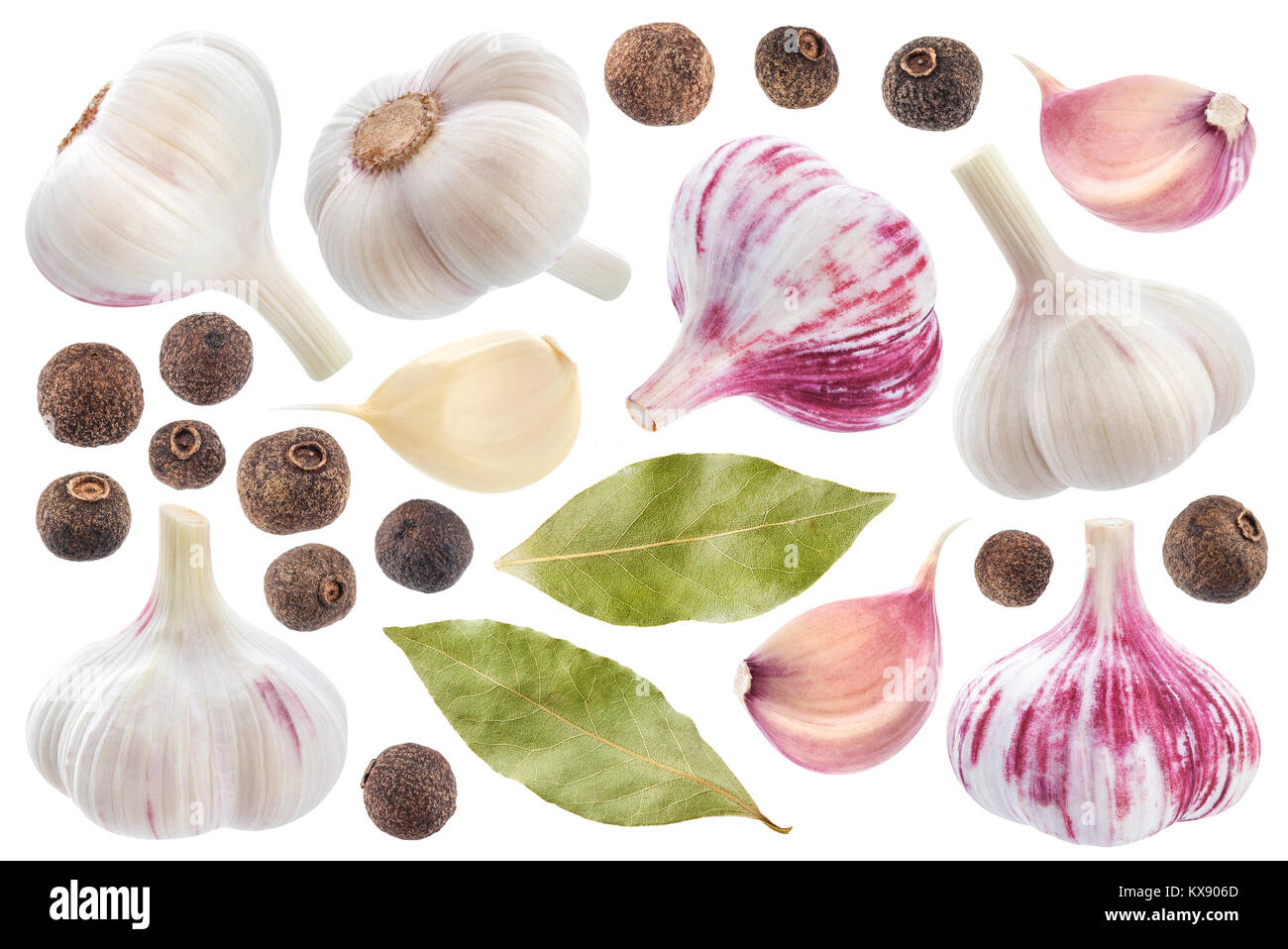 Garlic, allspice and bay leaf isolated on white background. Spices ...