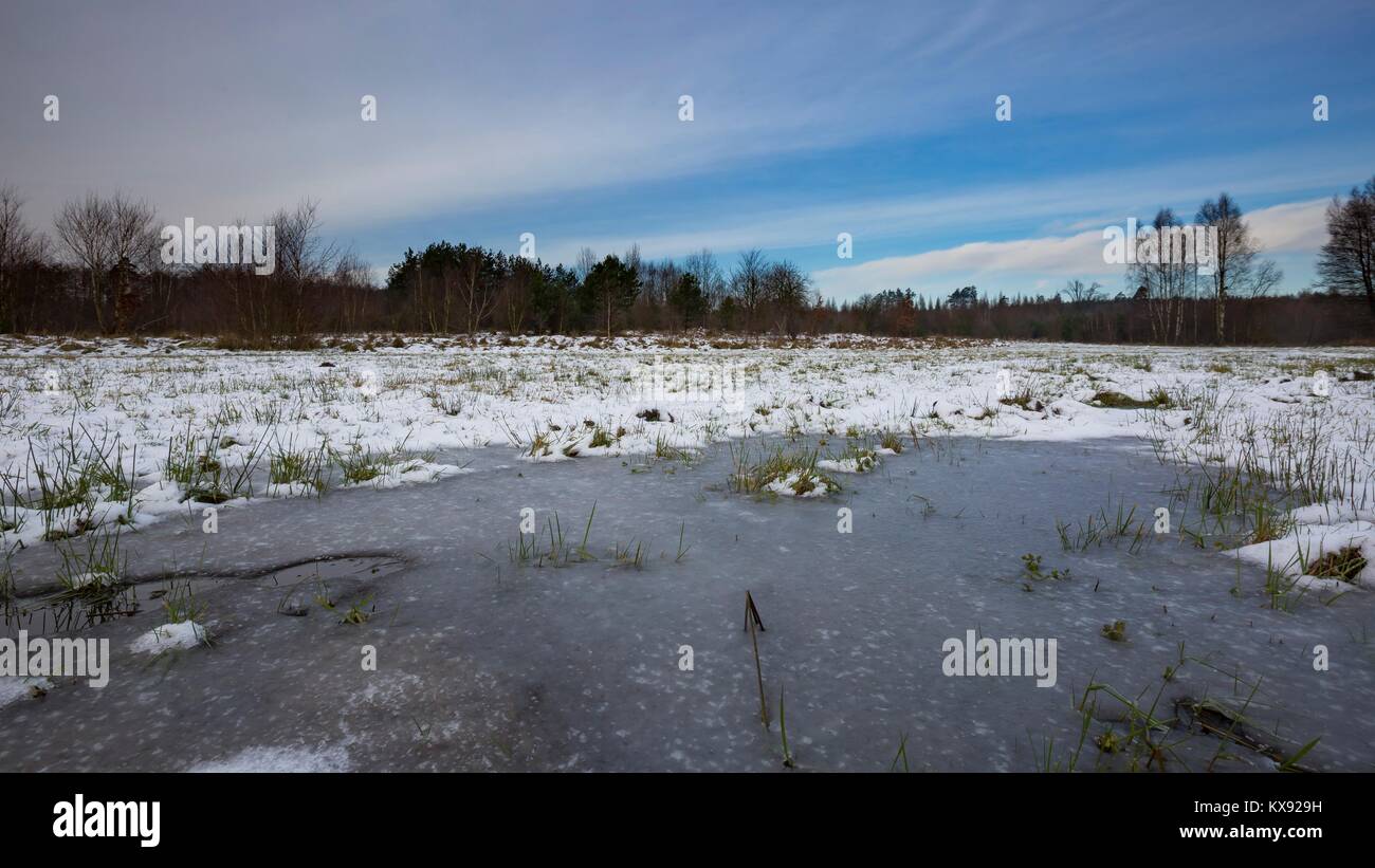 Winter meadows with snow and frozen puddle Stock Photo - Alamy