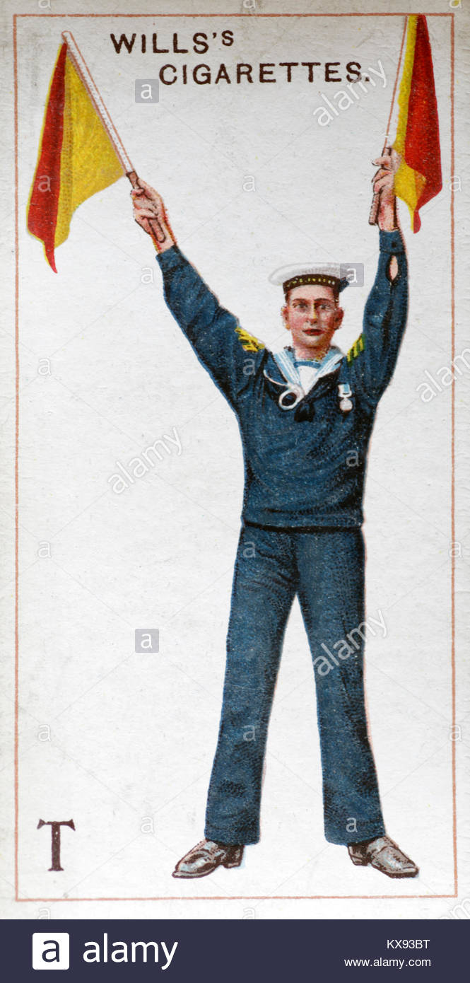 Marine using Semaphore to signal the letter T Stock Photo - Alamy