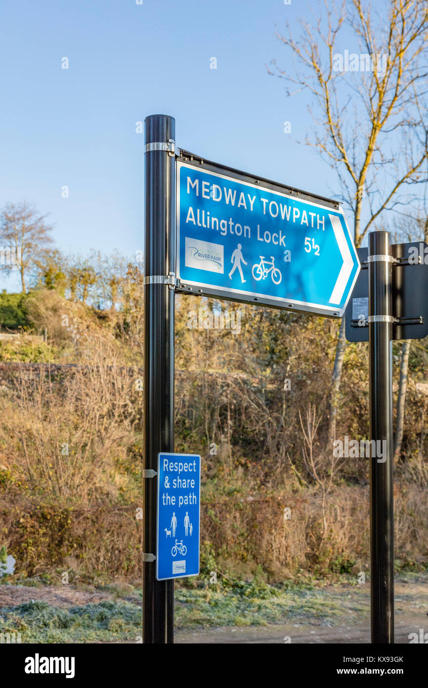 Footpath signs, end of cycle route signs on the Medway valley walk near ...
