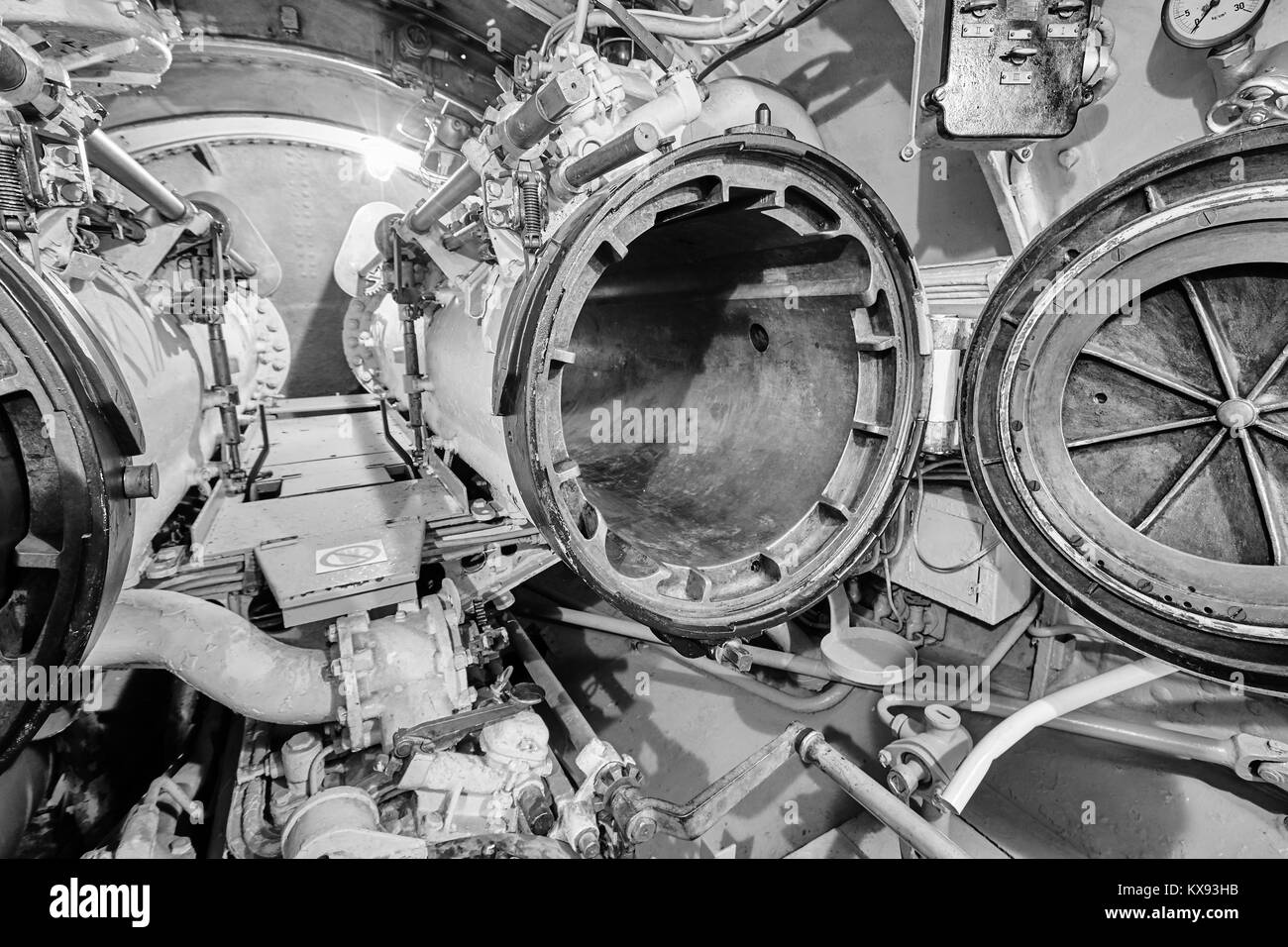 Navy army weapon. Submarine interior. Torpedo tubes. Military vessel ...