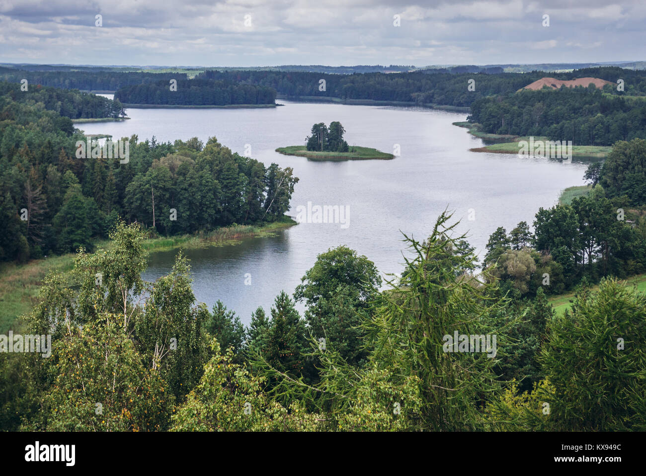 Aerial view of Jedzelewo Lake from lookout tower in Stare Juchy village ...