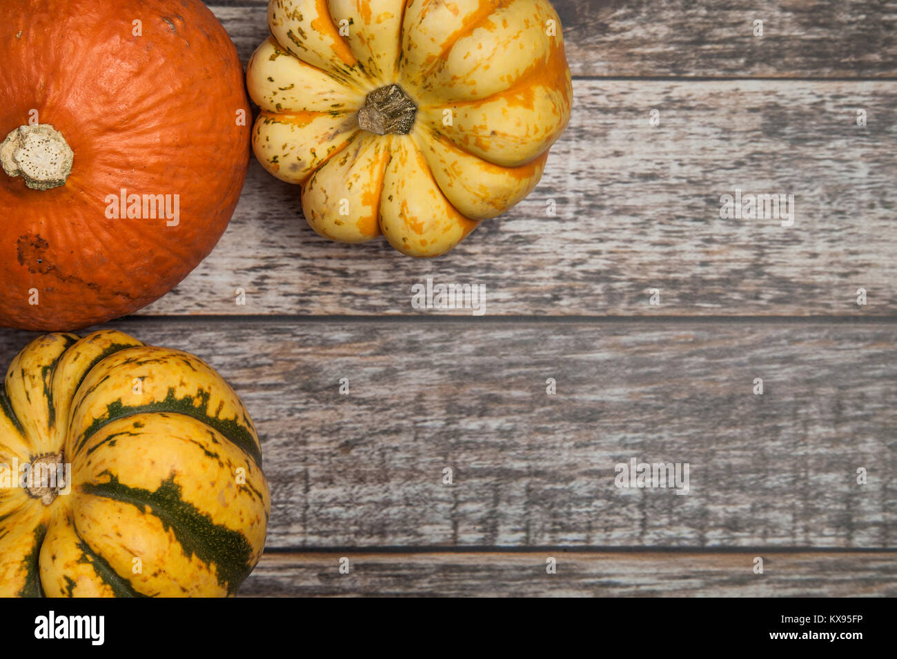 Top view of 3 various squash varieties on a wooden table Stock Photo ...