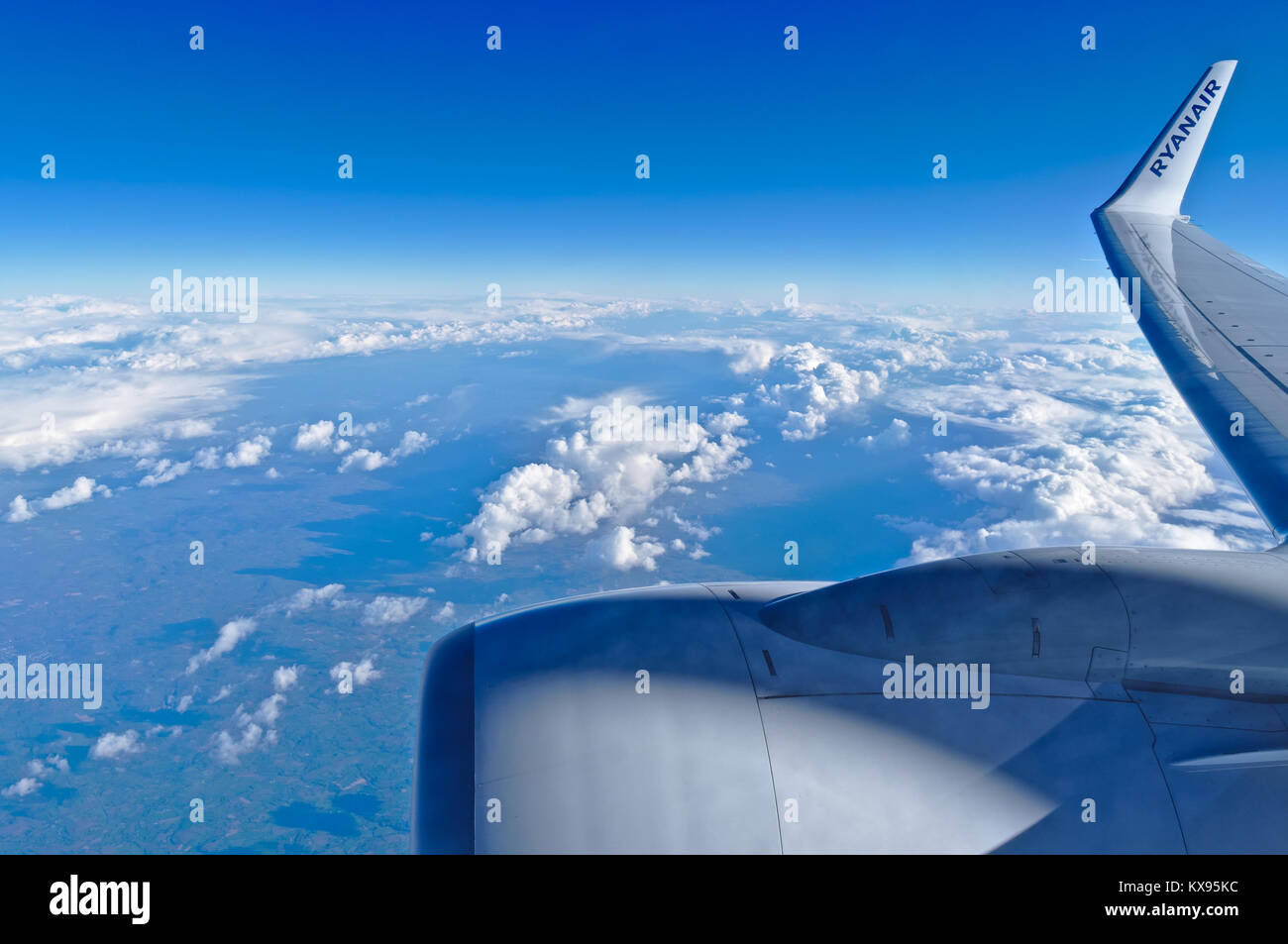 Window view from a Ryanair Boeing 737 at high altitude Stock Photo - Alamy