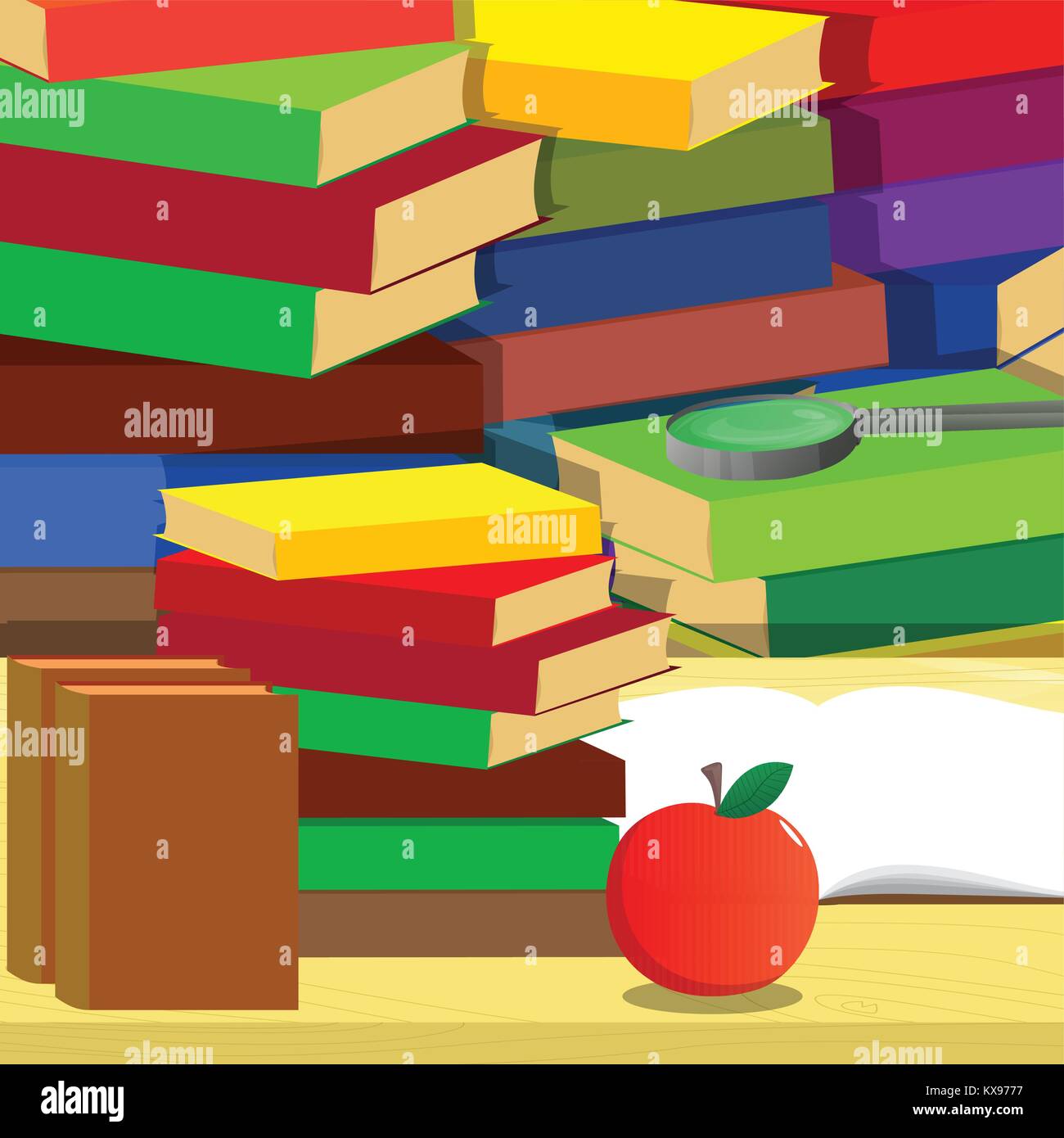 School books, magnifying glass, apple on a desk and stack of books on ...