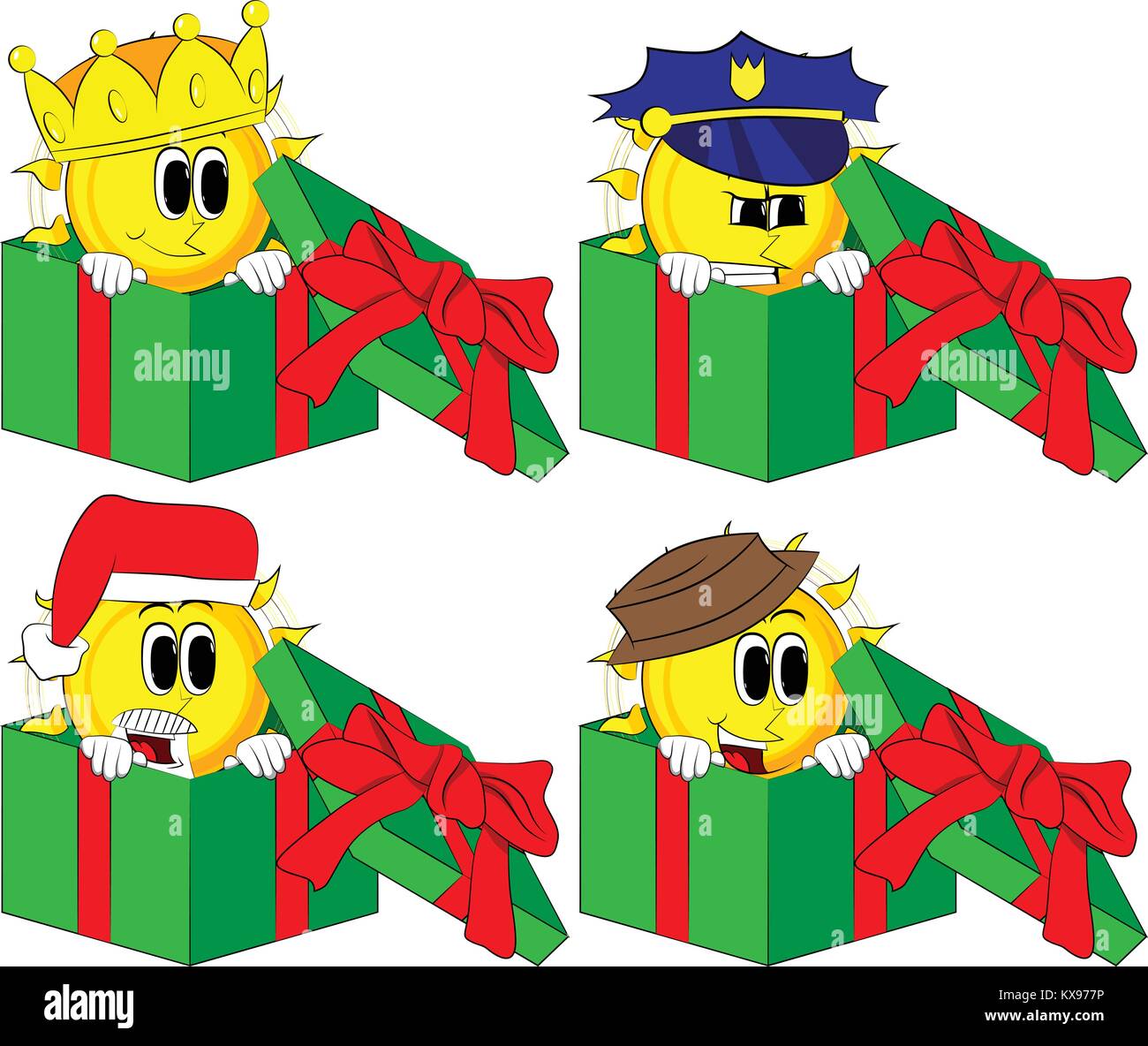 Cartoon sun in a gift box. Collection with costume. Expressions vector ...