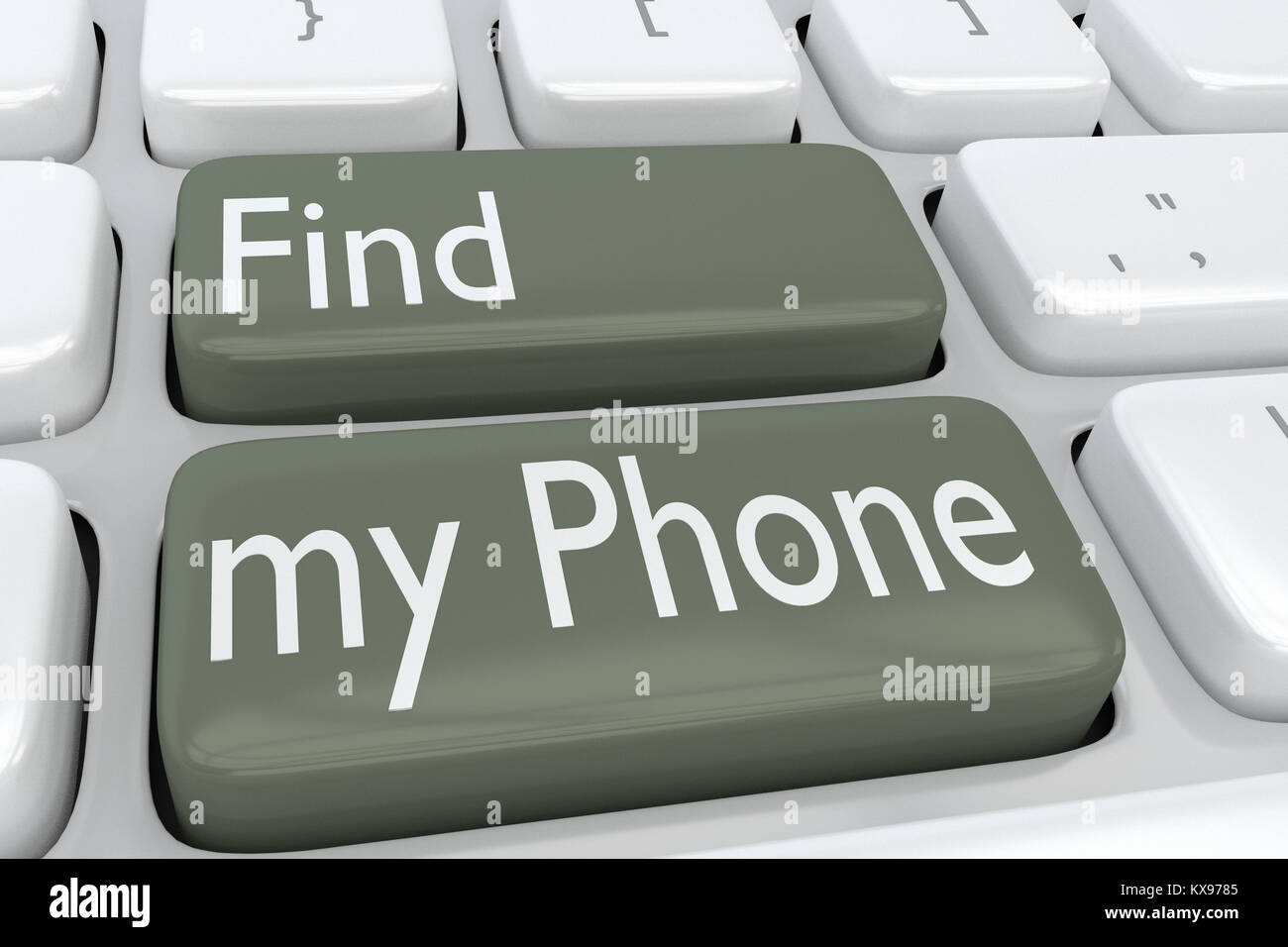 3D illustration of computer keyboard with the script Find my Phone on two adjacent brown buttons ...