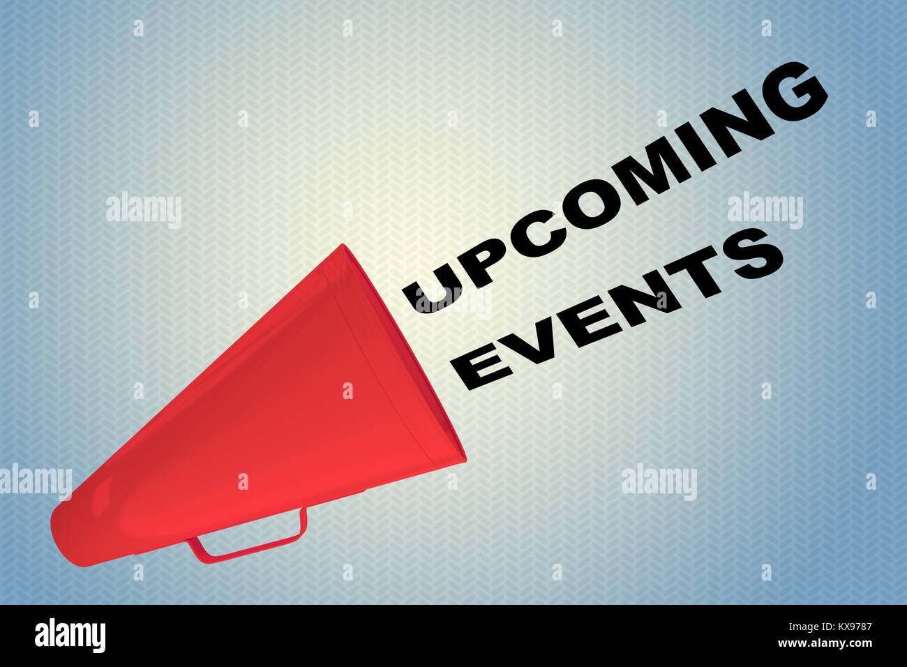 3D illustration of UPCOMING EVENTS title flowing from a loudspeaker ...