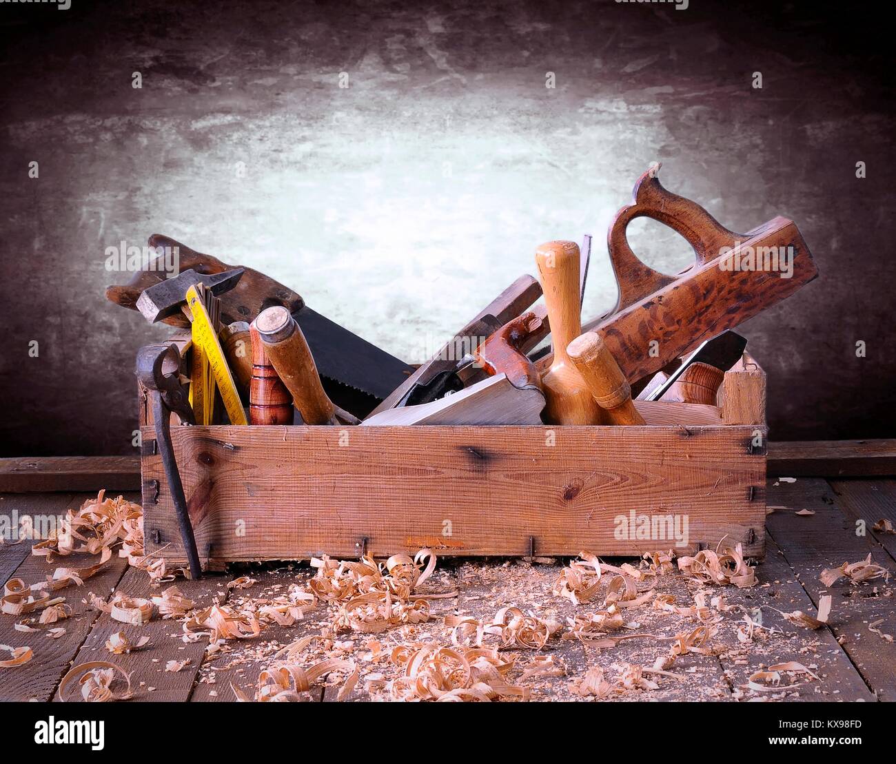 Old toolbox on the workbench in a carpentry Stock Photo - Alamy