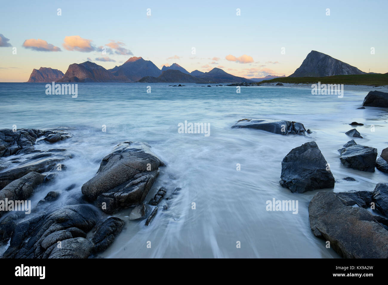 Sandnes beach, Flakstadoya, Lofoten, Nordland, Norway. View to ...