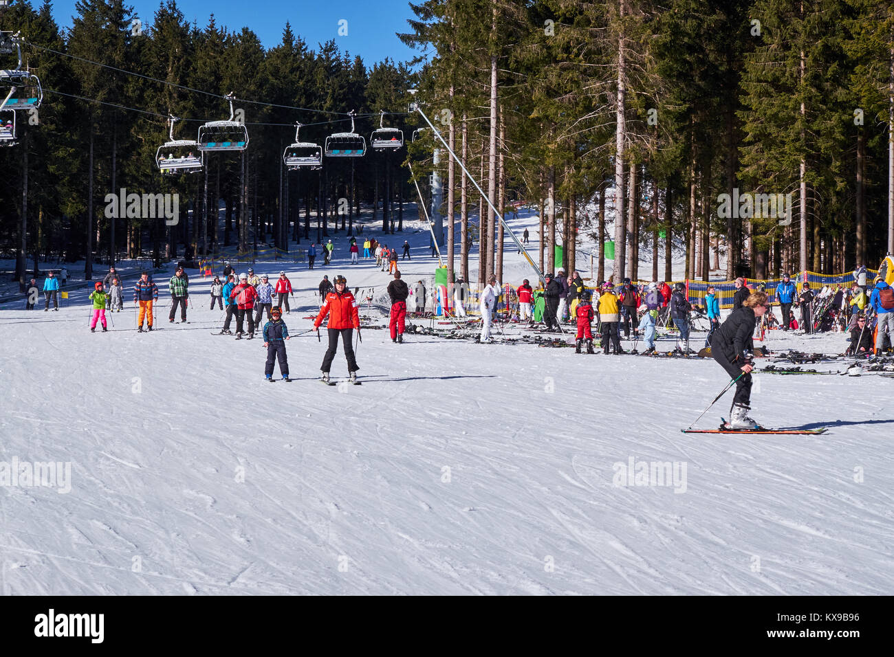 WINTERBERG, GERMANY - FEBRUARY 15, 2017: Many skiers taking a break on ...