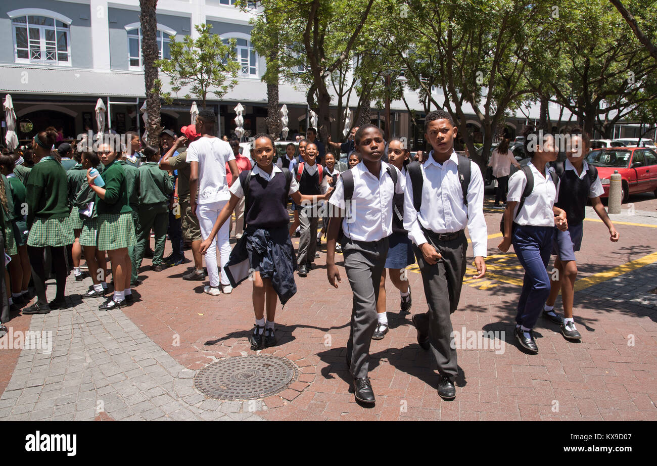 V&A Waterfront Cape Town South Africa. December 2017. School children ...