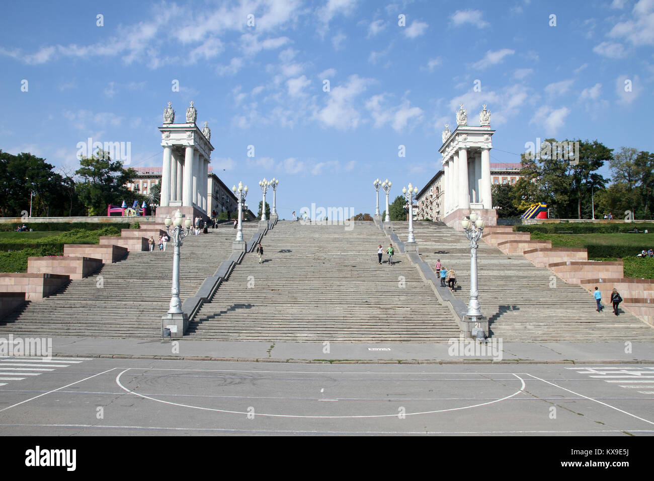 Colonnade and street lights near staircase in Volgograd, Russia Stock ...