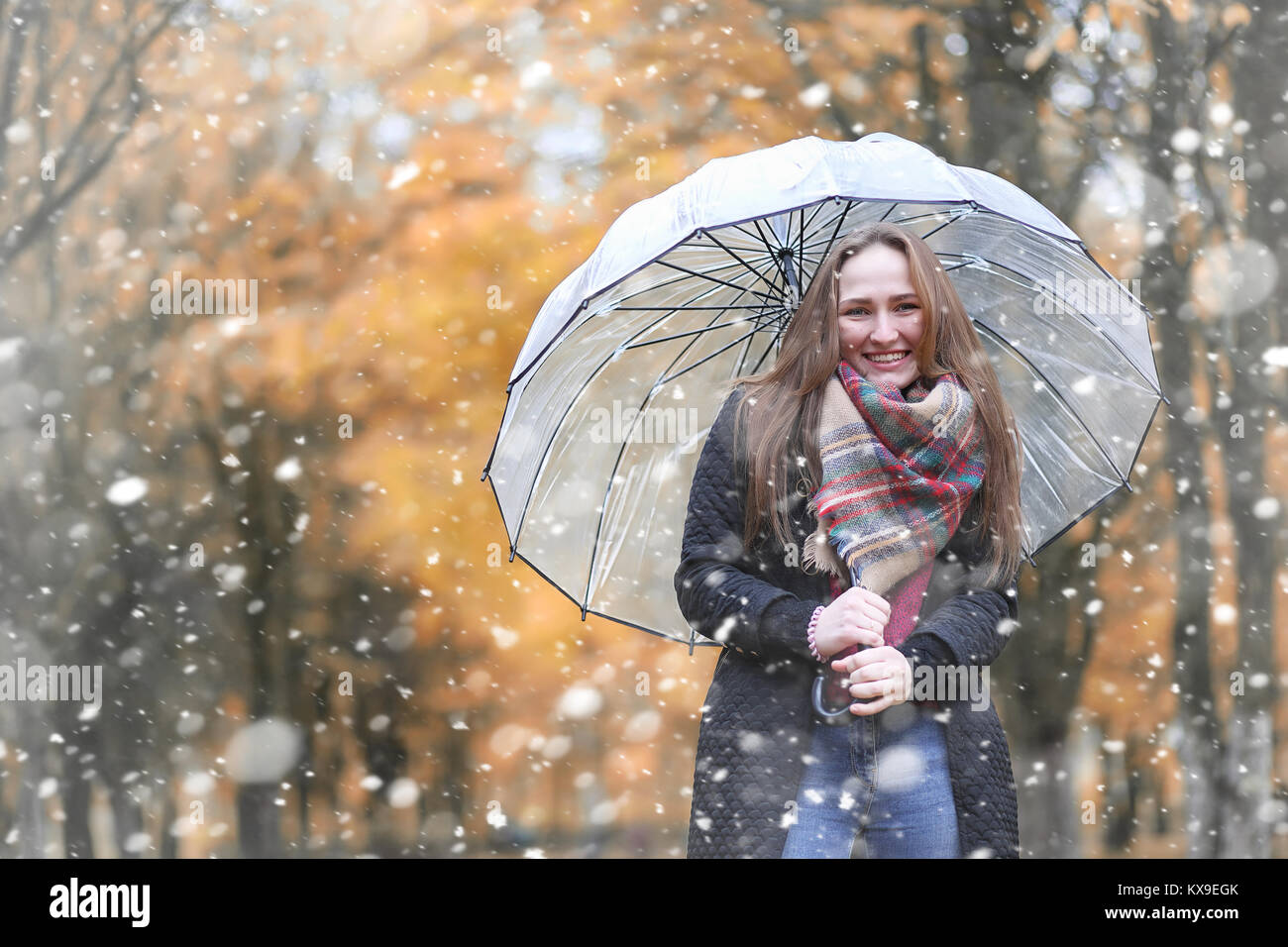 A girl in the park in the first snowfall Stock Photo - Alamy