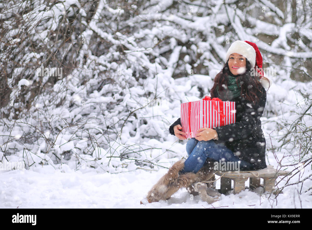 A winter fairy tale, a young mother and her daughter ride a sled Stock ...