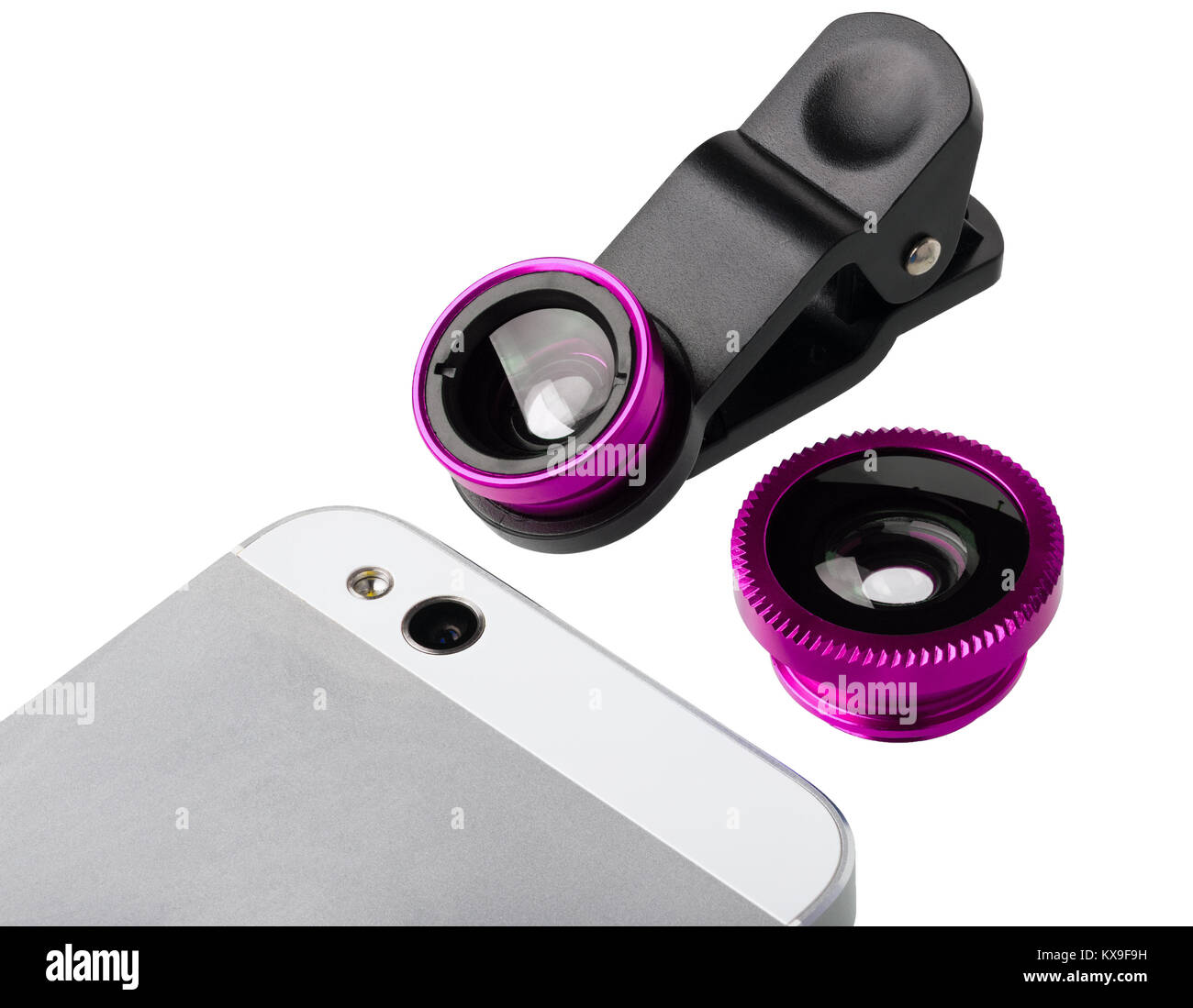 Part of cell phone with small set of clip lens isolated on white ...