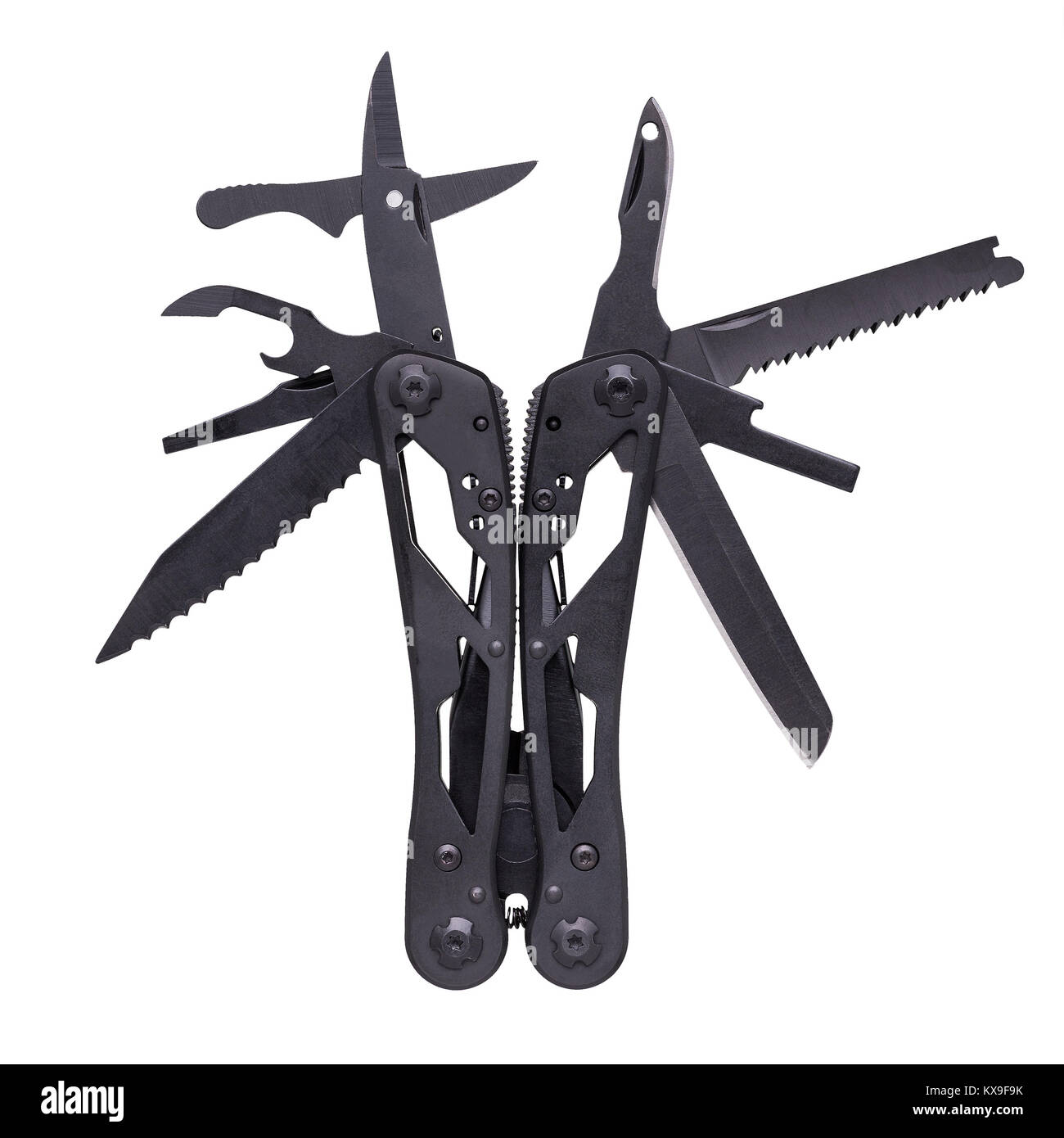Black multi tool photographed on a white background. The multitool is ...