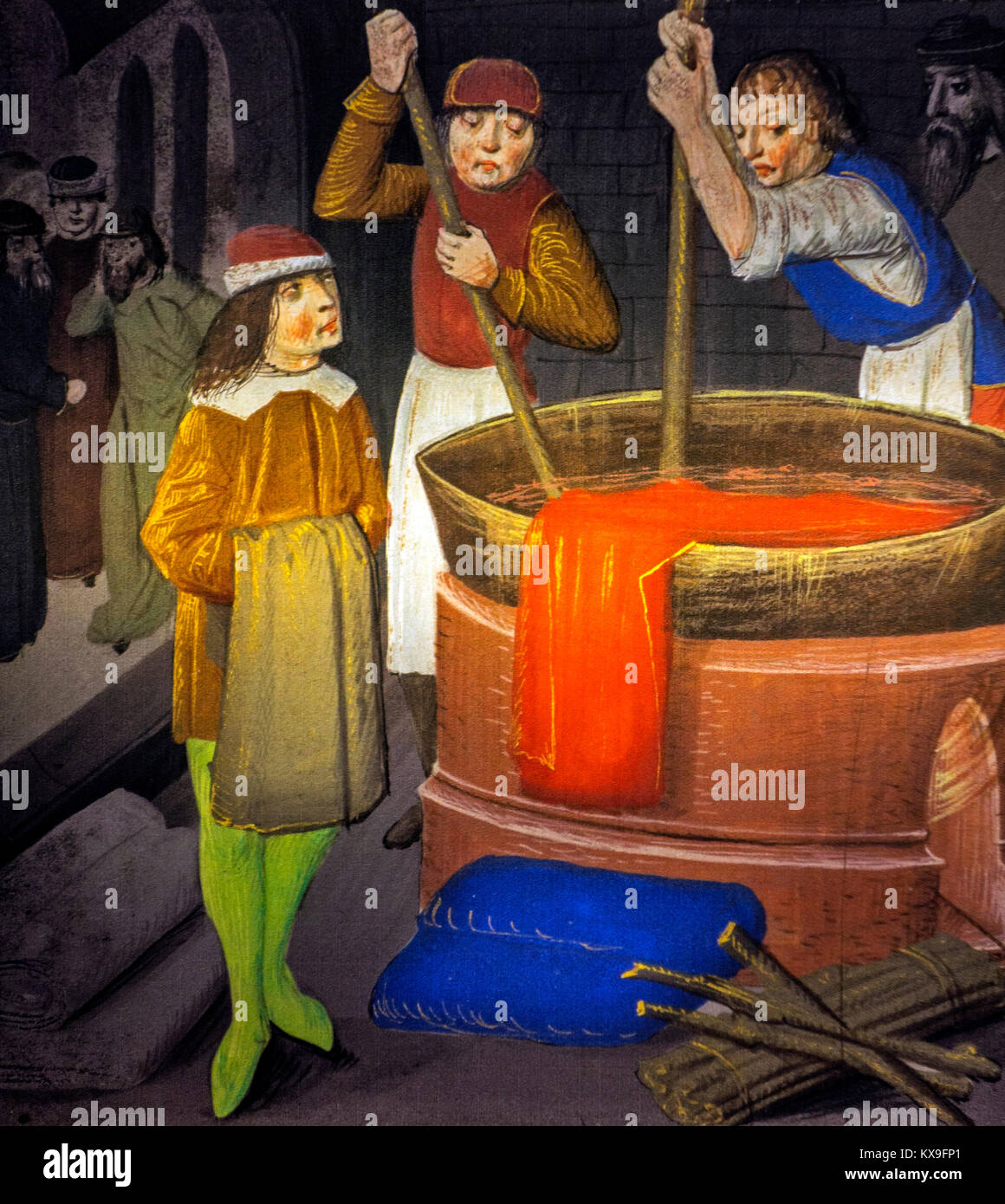 Medieval dyers using long poles to stir cloth in a simmering dye bath ...