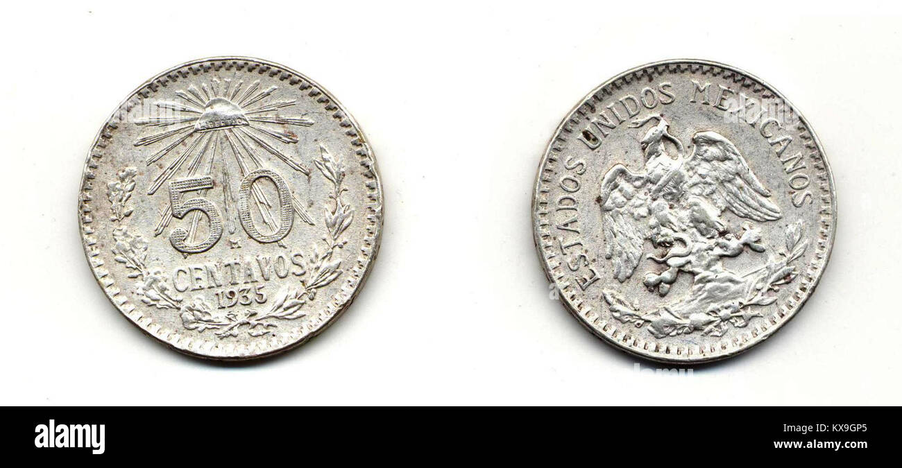 A 1935 Mexican 50 centavos coin, shown with both the obverse and ...
