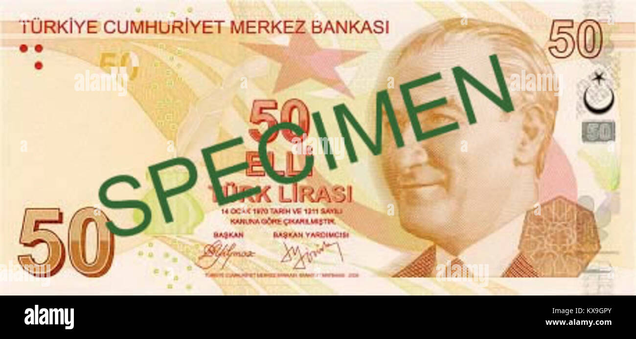 This image shows the front of a 50 Türk Liras banknote, a currency note ...