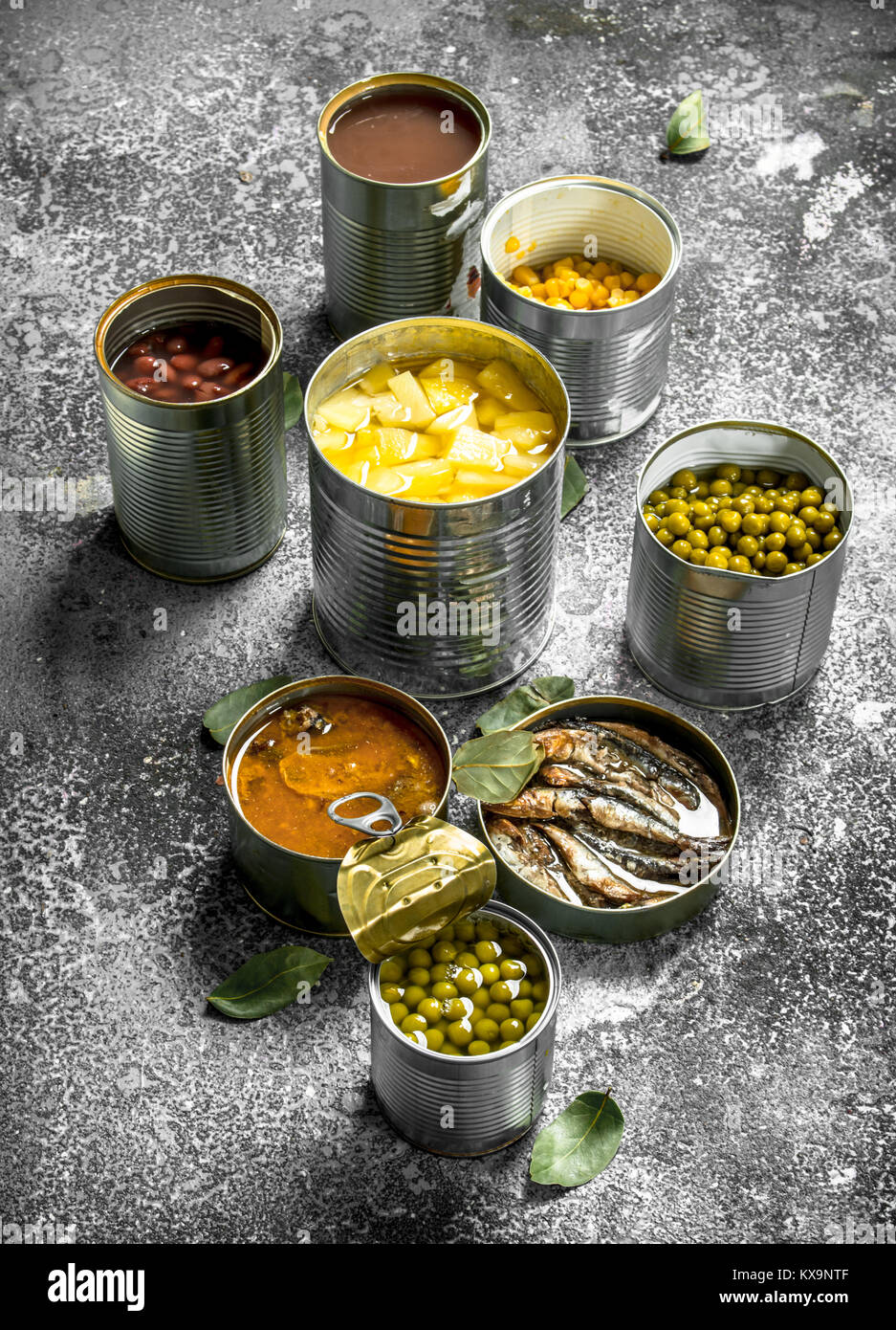 Various canned foods with meat, fish, vegetables and fruits in tin cans ...