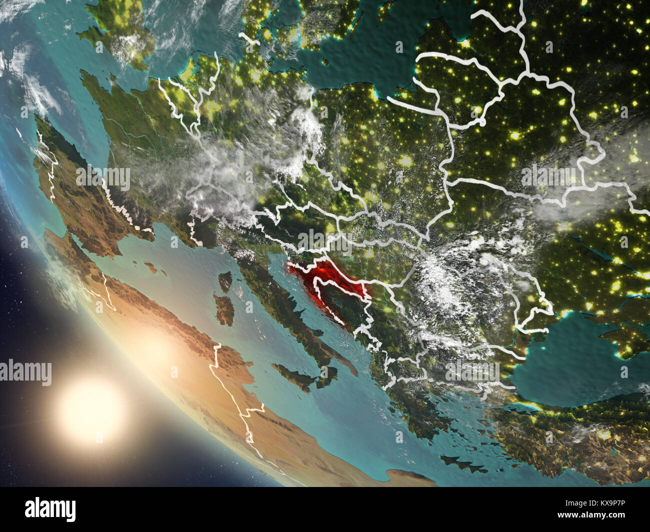Illustration of Croatia as seen from Earth’s orbit during sunset with ...