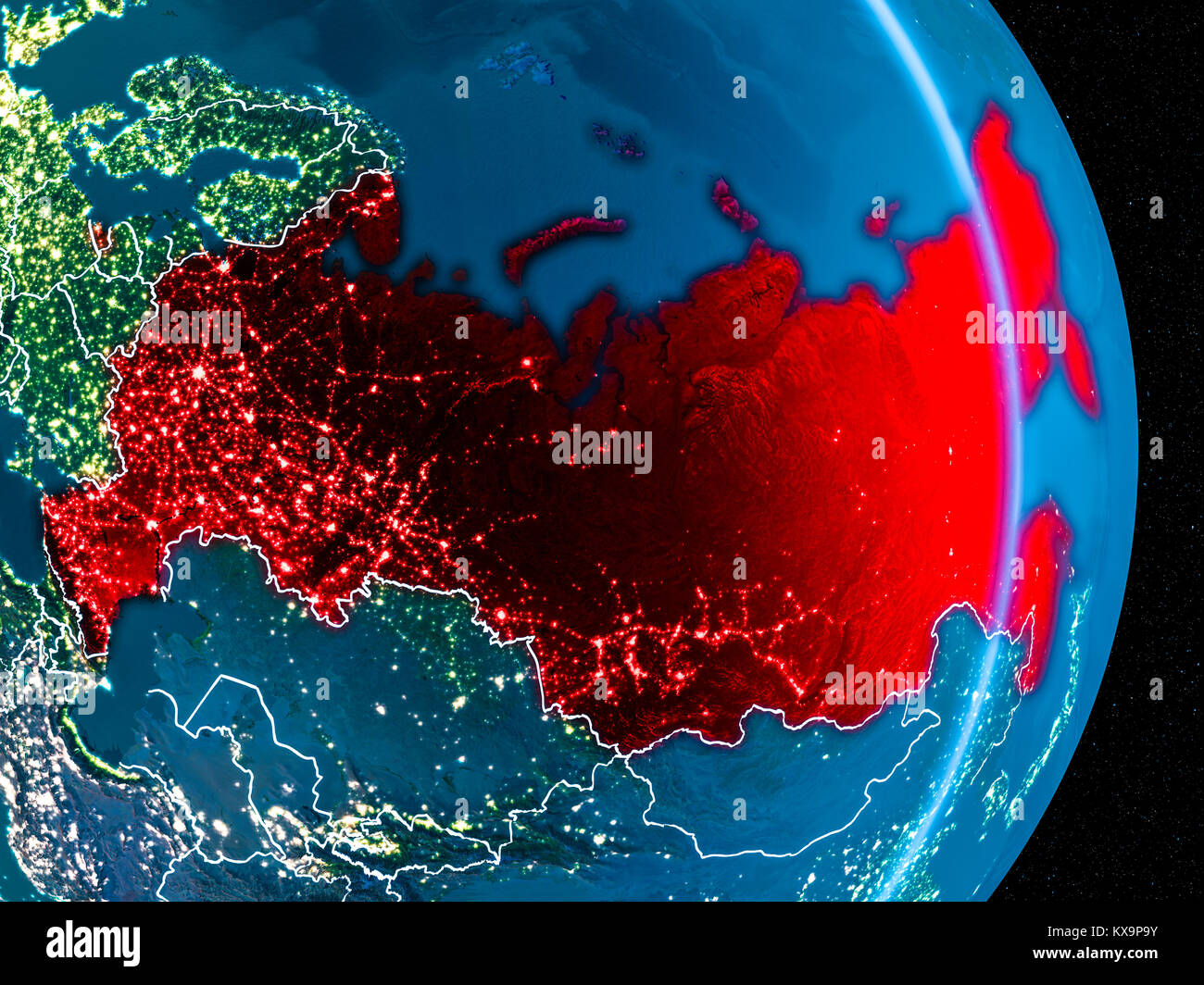 Russia from orbit of planet Earth at night with visible borderlines and ...