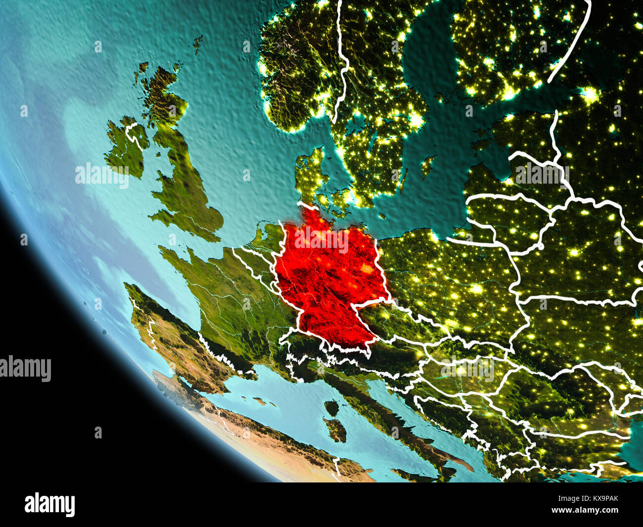 Germany from orbit of planet Earth at night with highly detailed ...