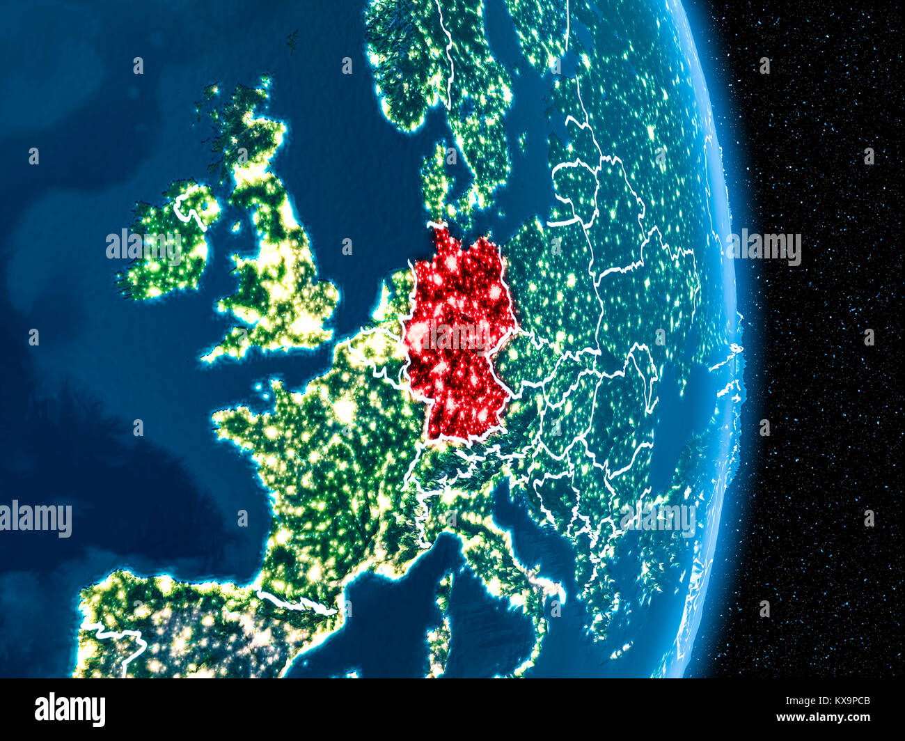 Germany from orbit of planet Earth at night with visible borderlines ...