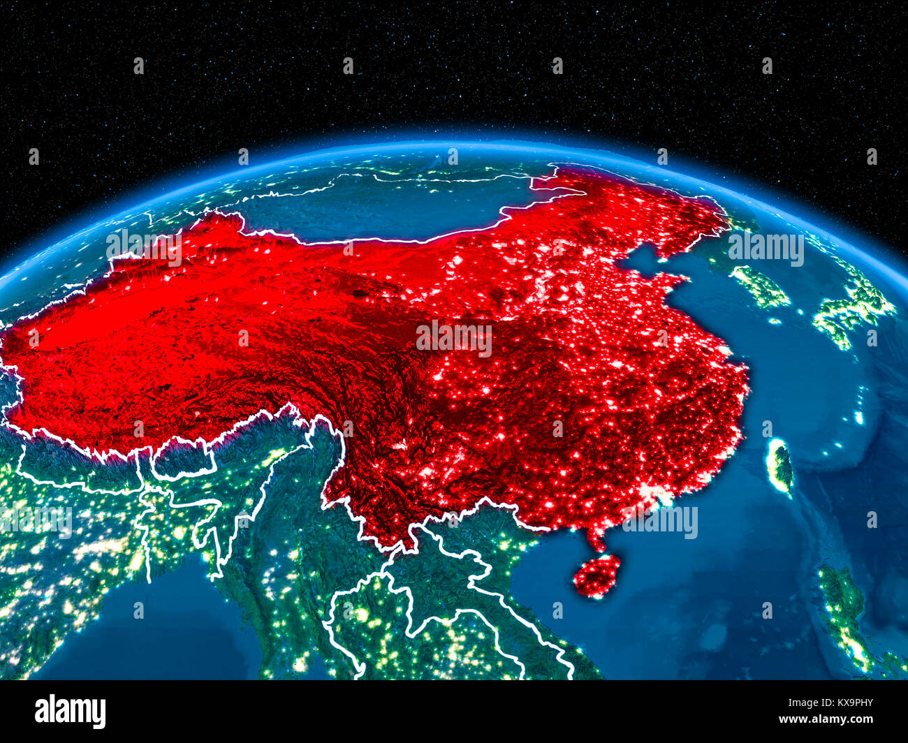 Orbit view of China highlighted in red with visible borderlines and city lights on planet Earth ...