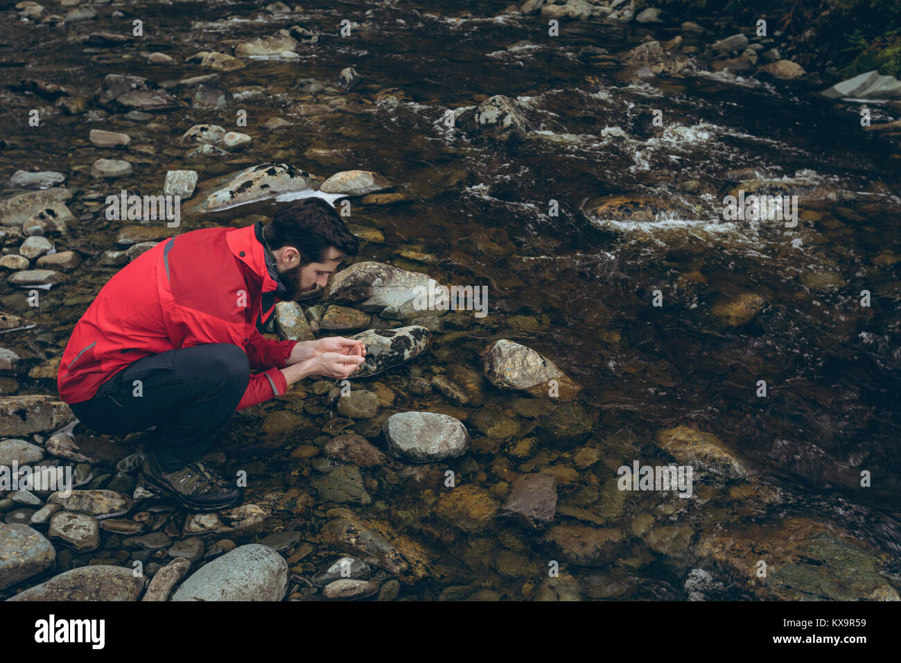 Hiker drinking water from the stream Stock Photo - Alamy