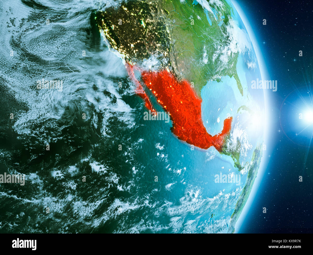 Mexico from orbit of planet Earth with clouds during sunrise with ...