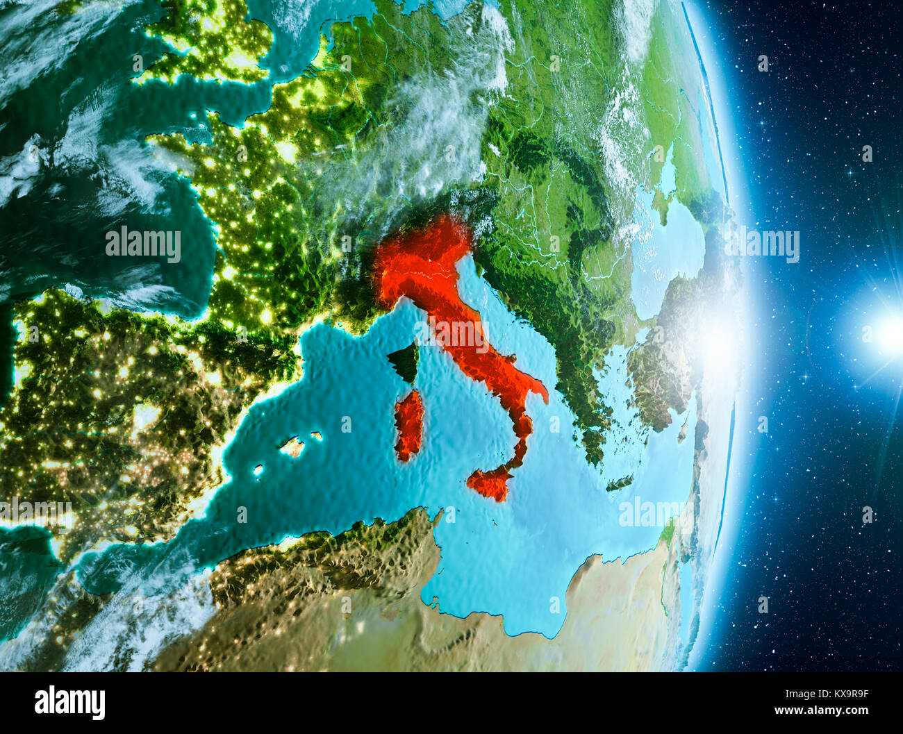 Italy from orbit of planet Earth with clouds during sunrise with highly ...