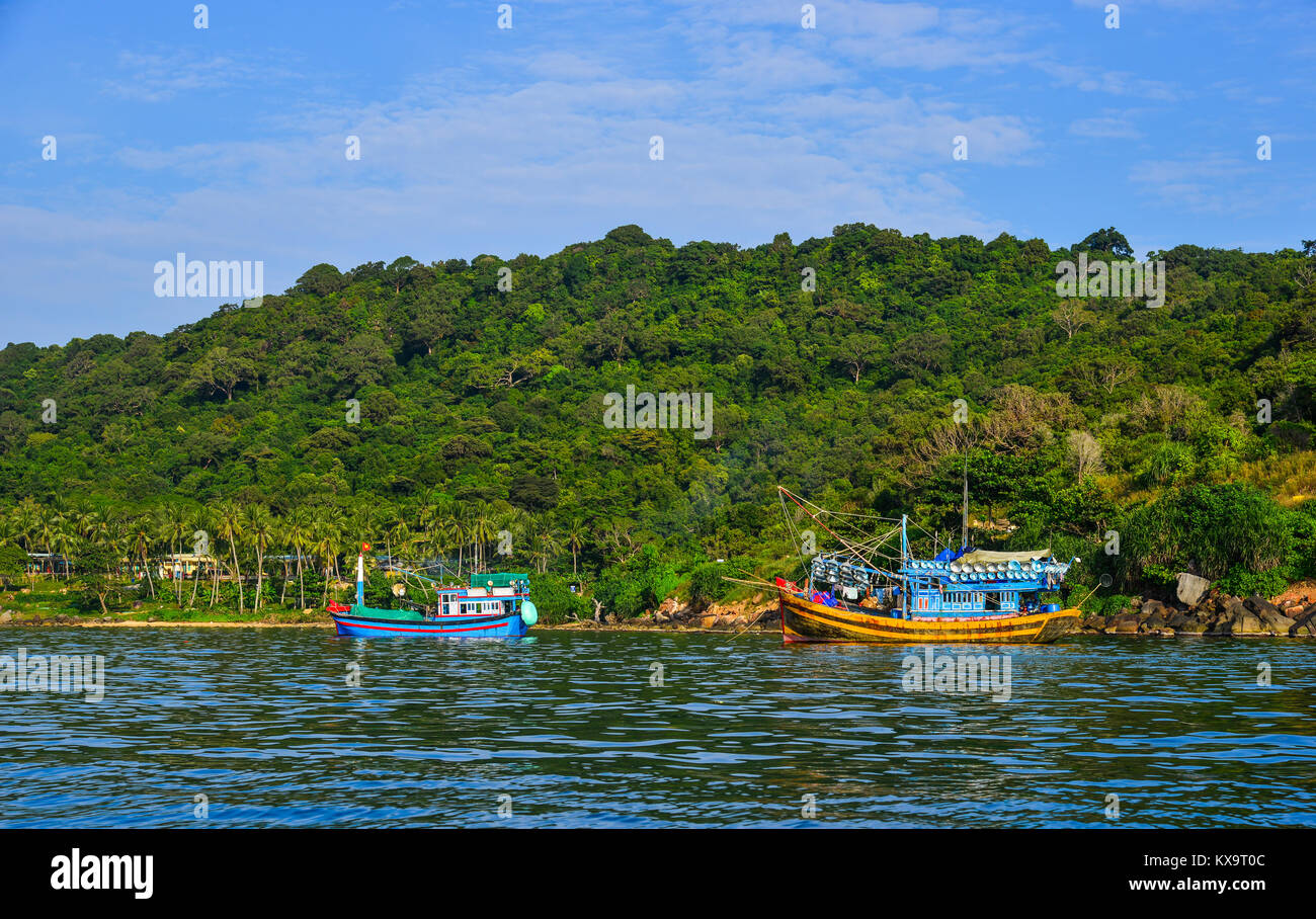 Fishing boats on blue sea in Tho Chau Island, Southern Vietnam Stock ...