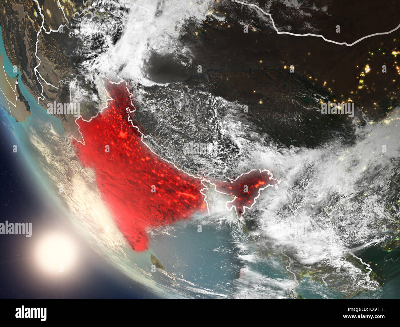Illustration of India as seen from Earth’s orbit during sunset with ...