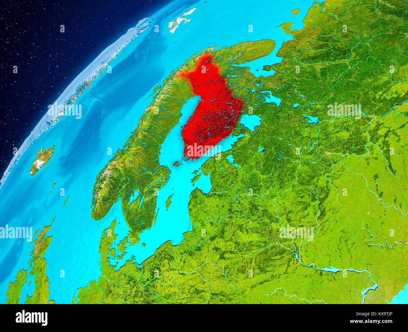 Orbit view of Finland highlighted in red on planet Earth. 3D ...