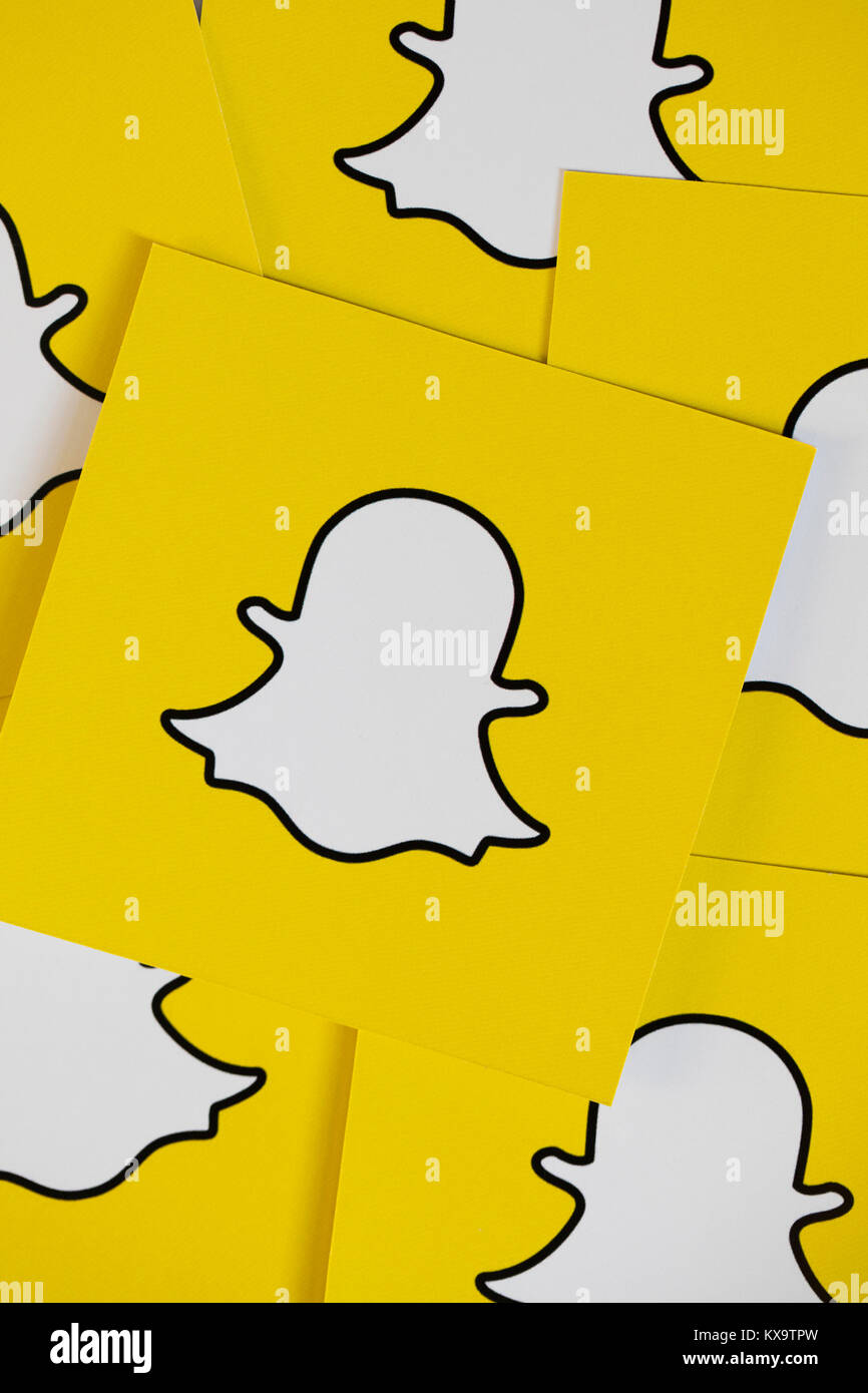 OXFORD, UK - DECEMBER 5th 2016: Snapchat logos printed onto paper ...