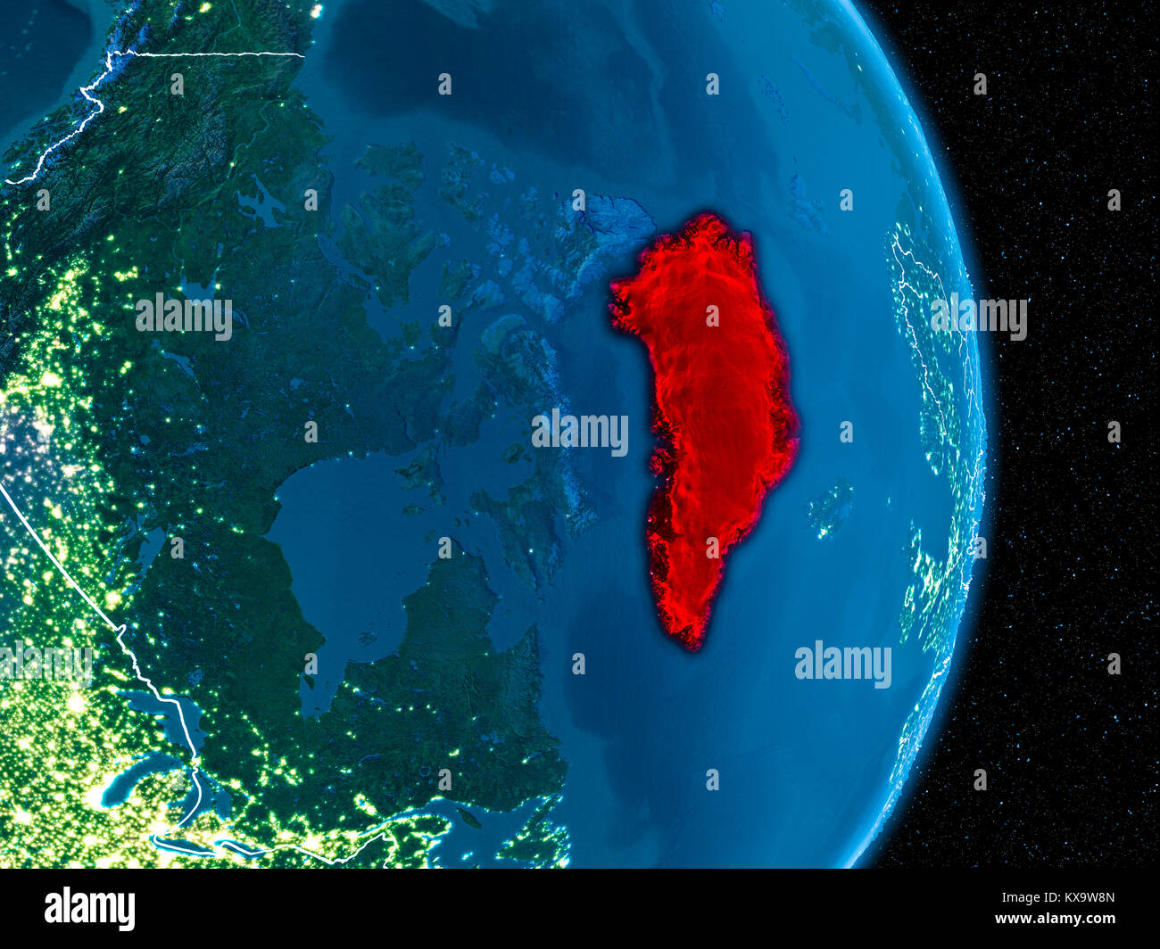 Greenland from orbit of planet Earth at night with visible borderlines and city lights. 3D ...