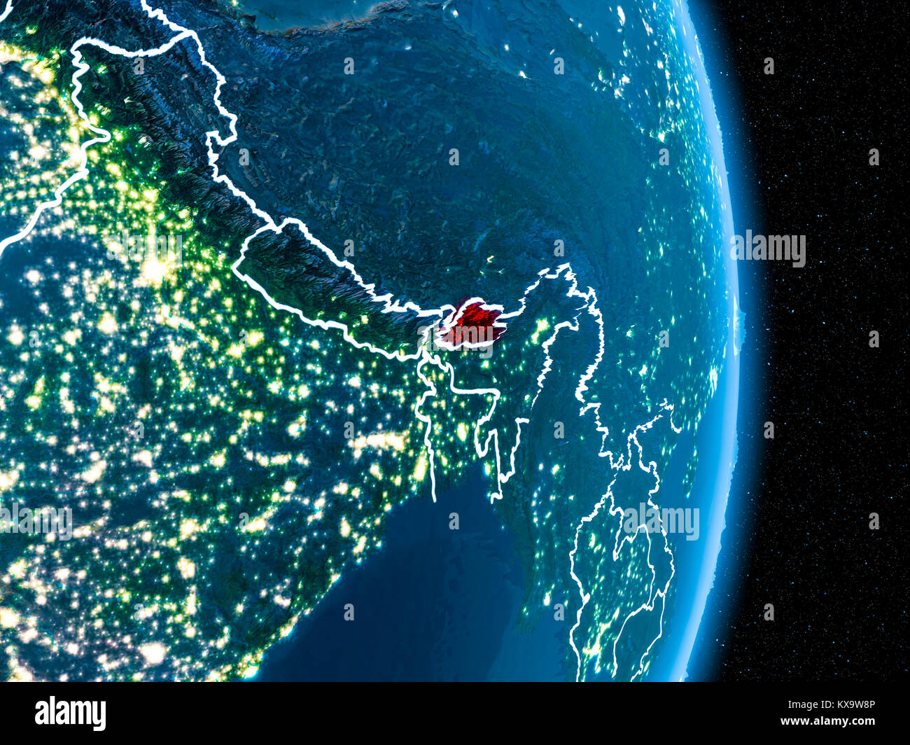 Bhutan from orbit of planet Earth at night with visible borderlines and ...