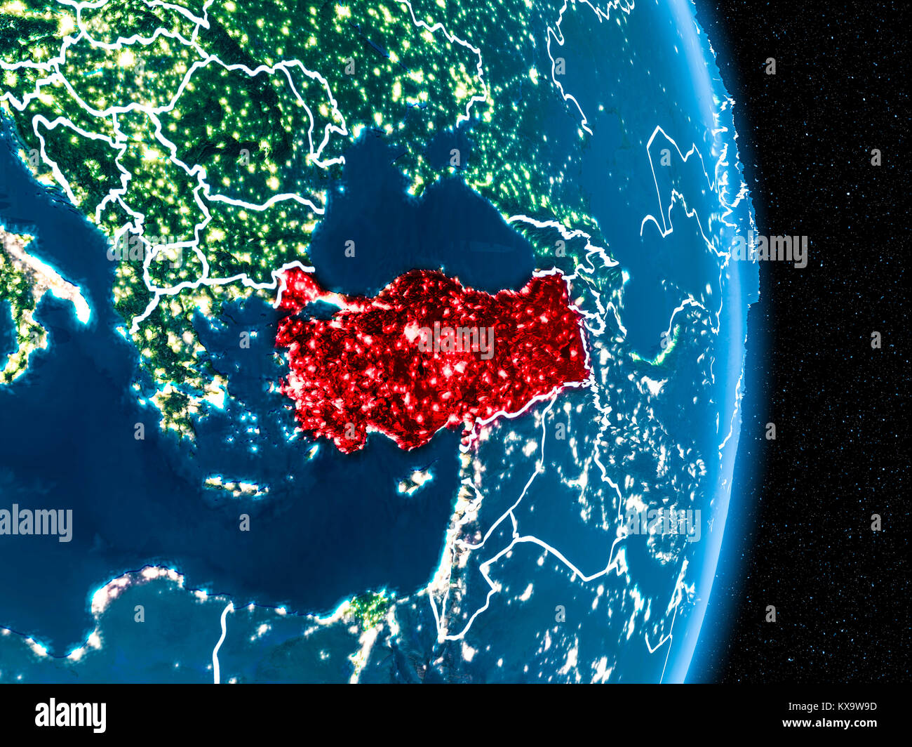 Turkey from orbit of planet Earth at night with visible borderlines and ...