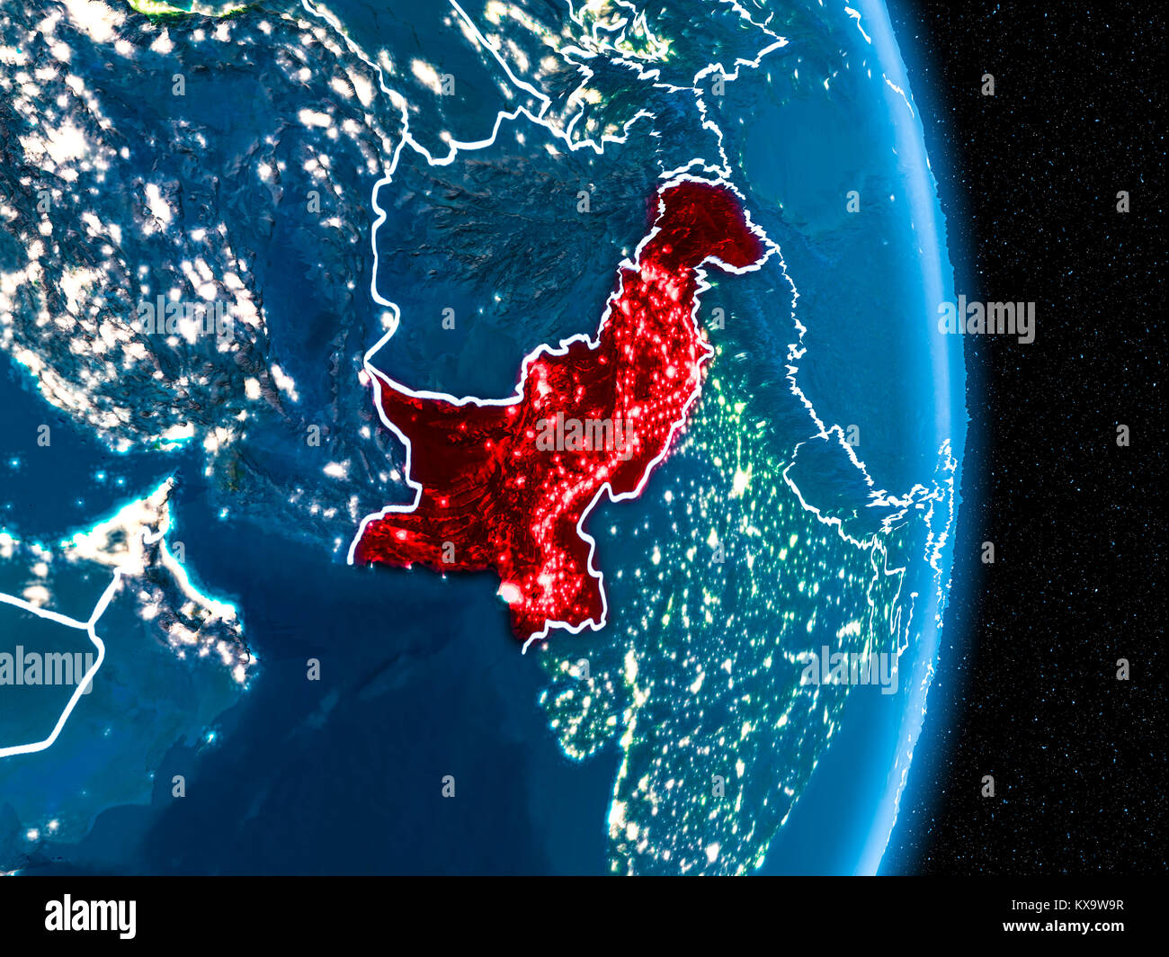Pakistan from orbit of planet Earth at night with visible borderlines ...