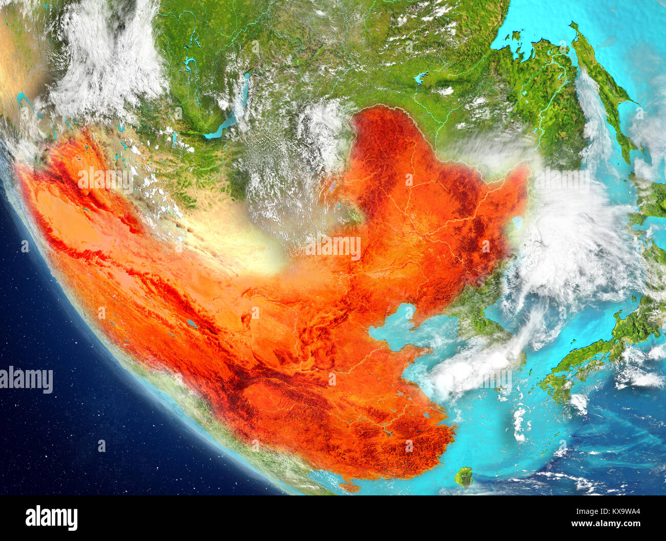 China from orbit of planet Earth with highly detailed surface textures ...