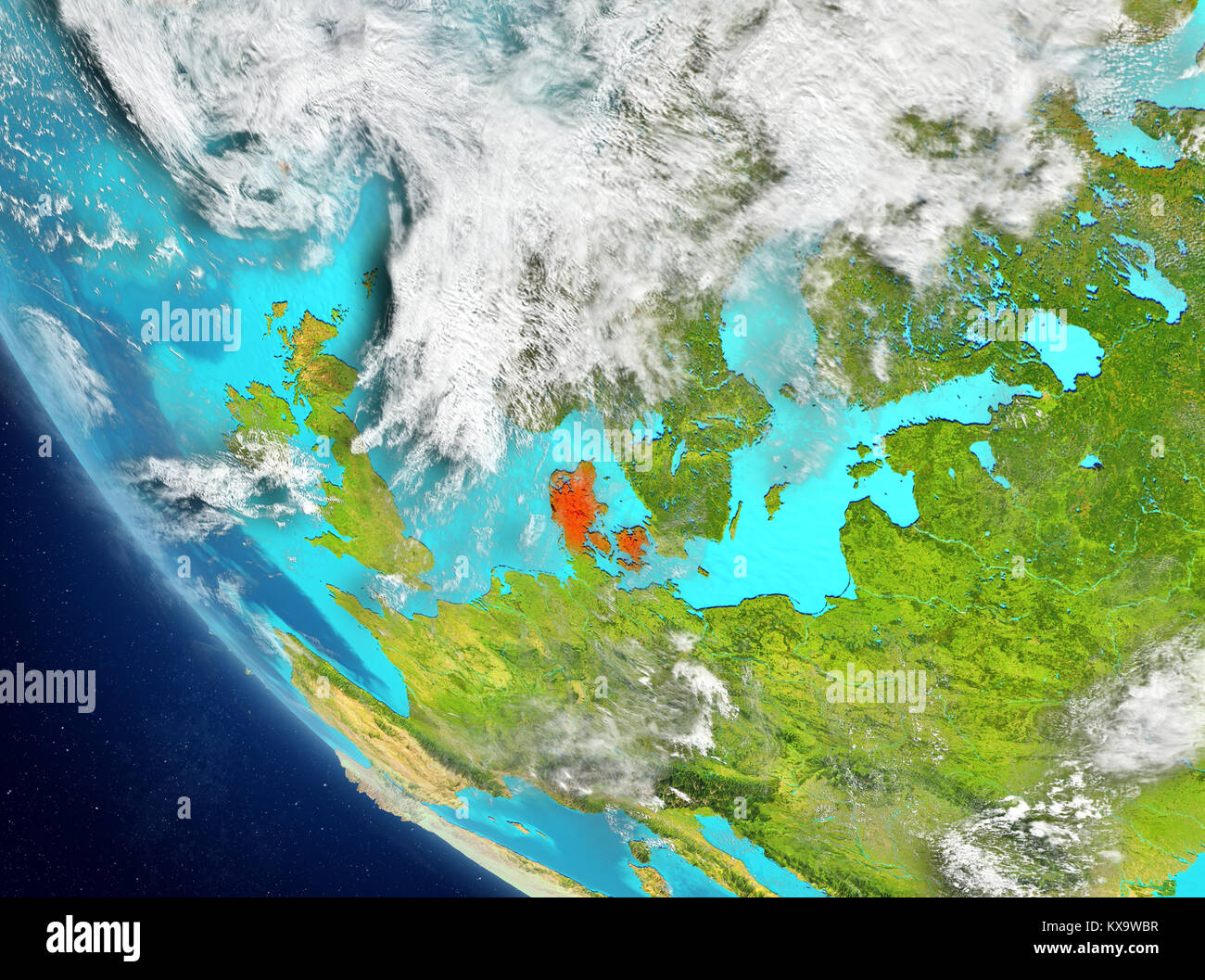 Denmark from orbit of planet Earth with highly detailed surface ...