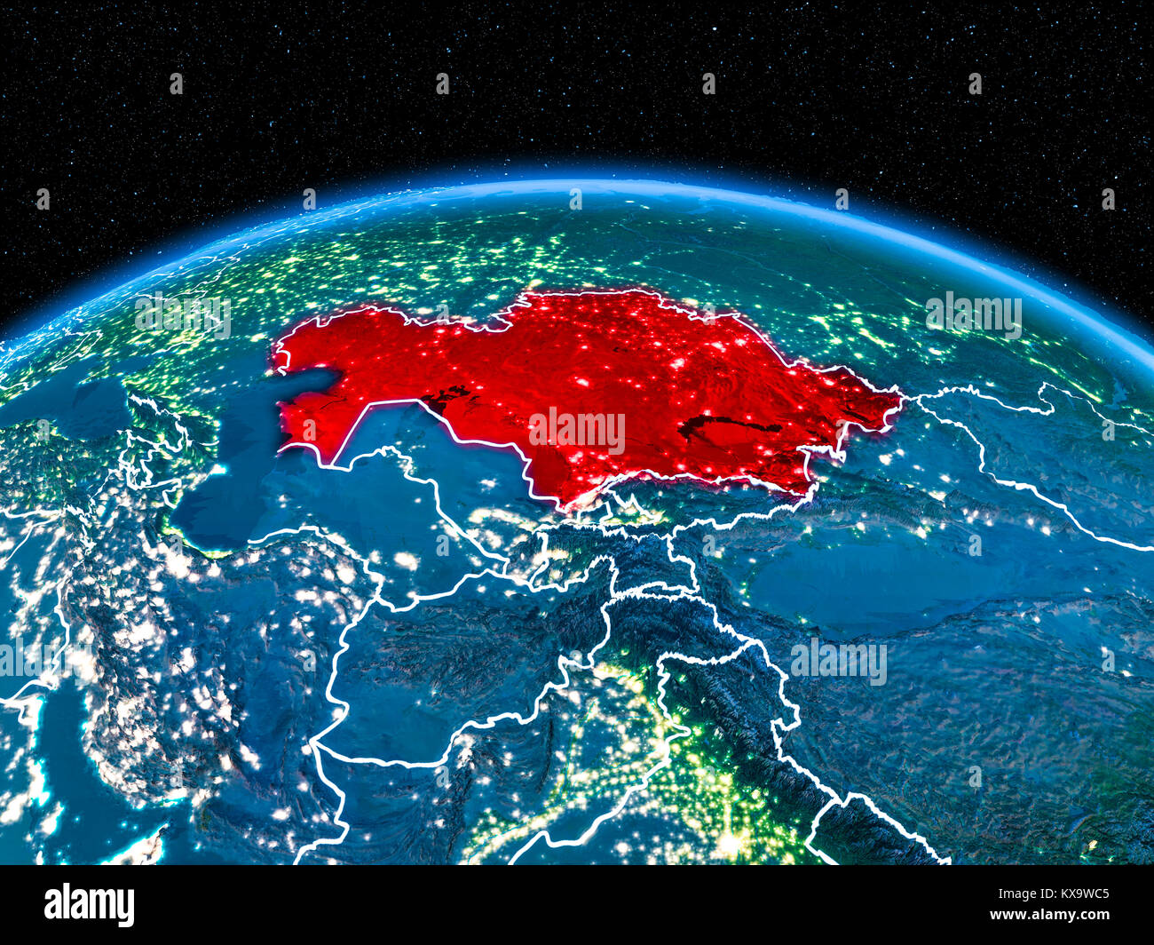 Orbit view of Kazakhstan highlighted in red with visible borderlines and city lights on planet ...
