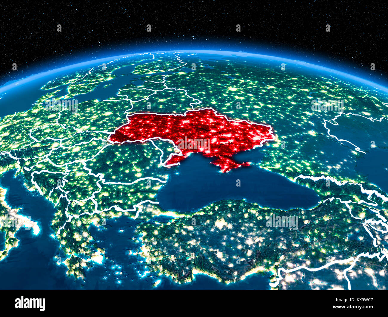 Orbit view of Ukraine highlighted in red with visible borderlines and ...
