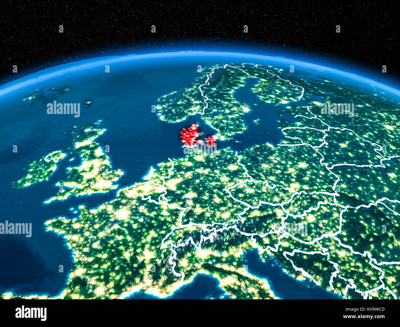 Orbit view of Denmark highlighted in red with visible borderlines and city lights on planet ...